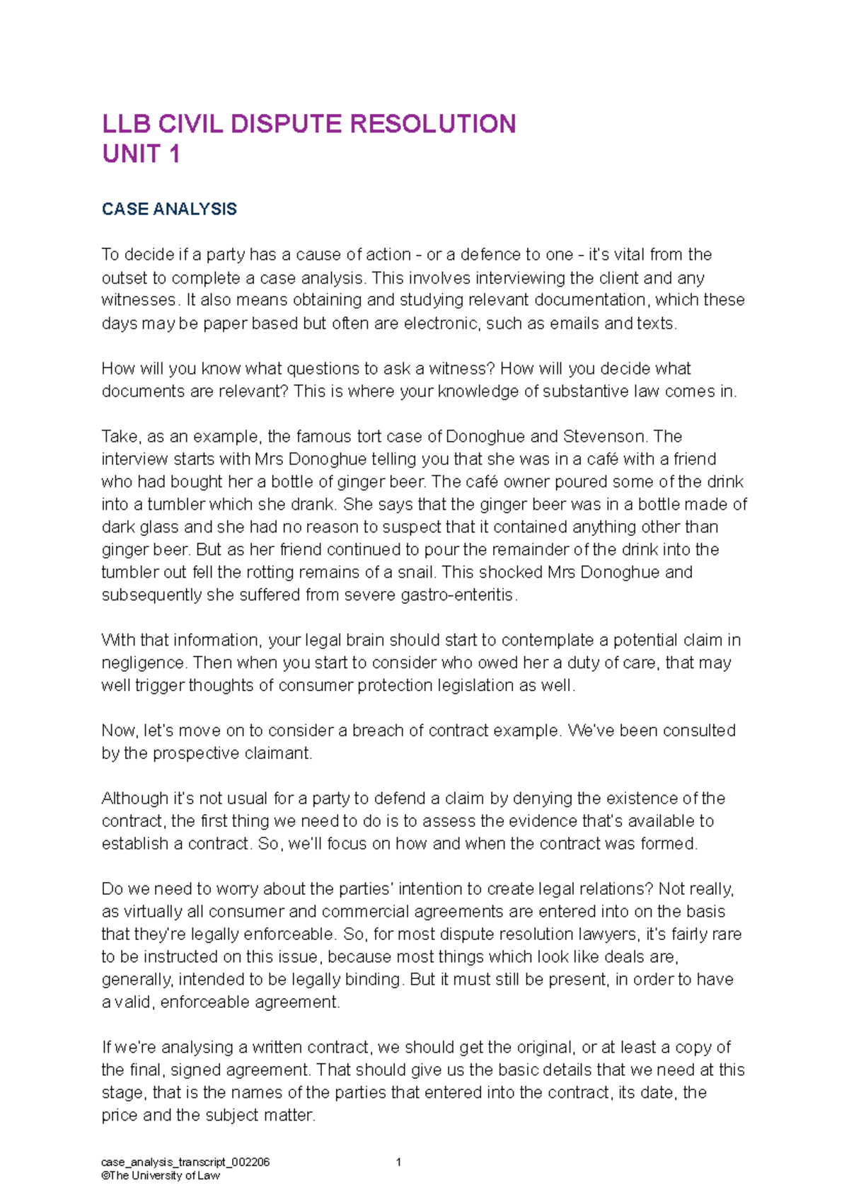 Case analysis transcript 002206 - LLB CIVIL DISPUTE RESOLUTION UNIT 1 ...