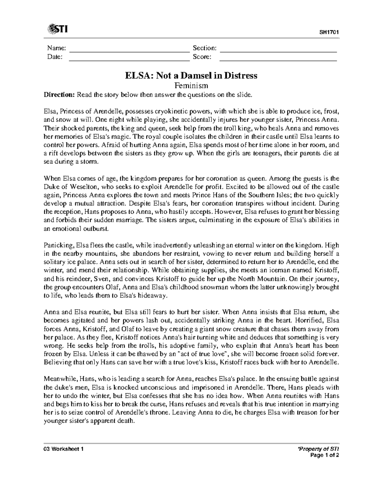 SH1701 - 21st Century Literature 03 Worksheet 1 - SH 03 Worksheet 1 ...