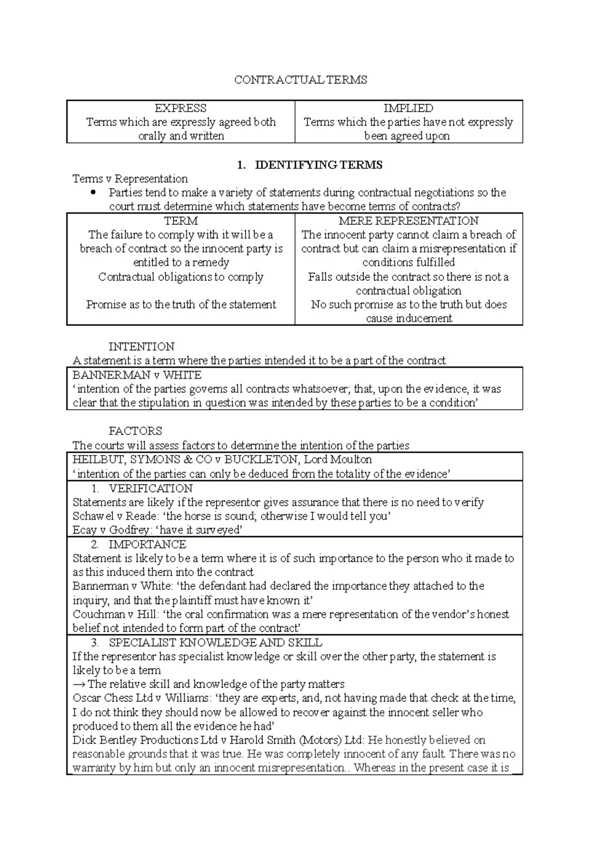 Contractual Terms - CONTRACTUAL TERMS EXPRESS Terms which are expressly ...