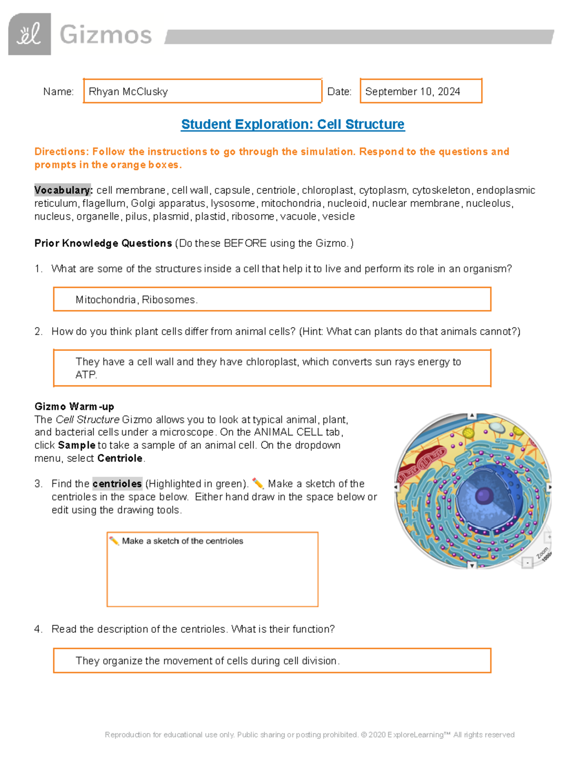 Cell Structure Gizmo - Name: Rhyan McClusky Date: September 10, 2024 ...