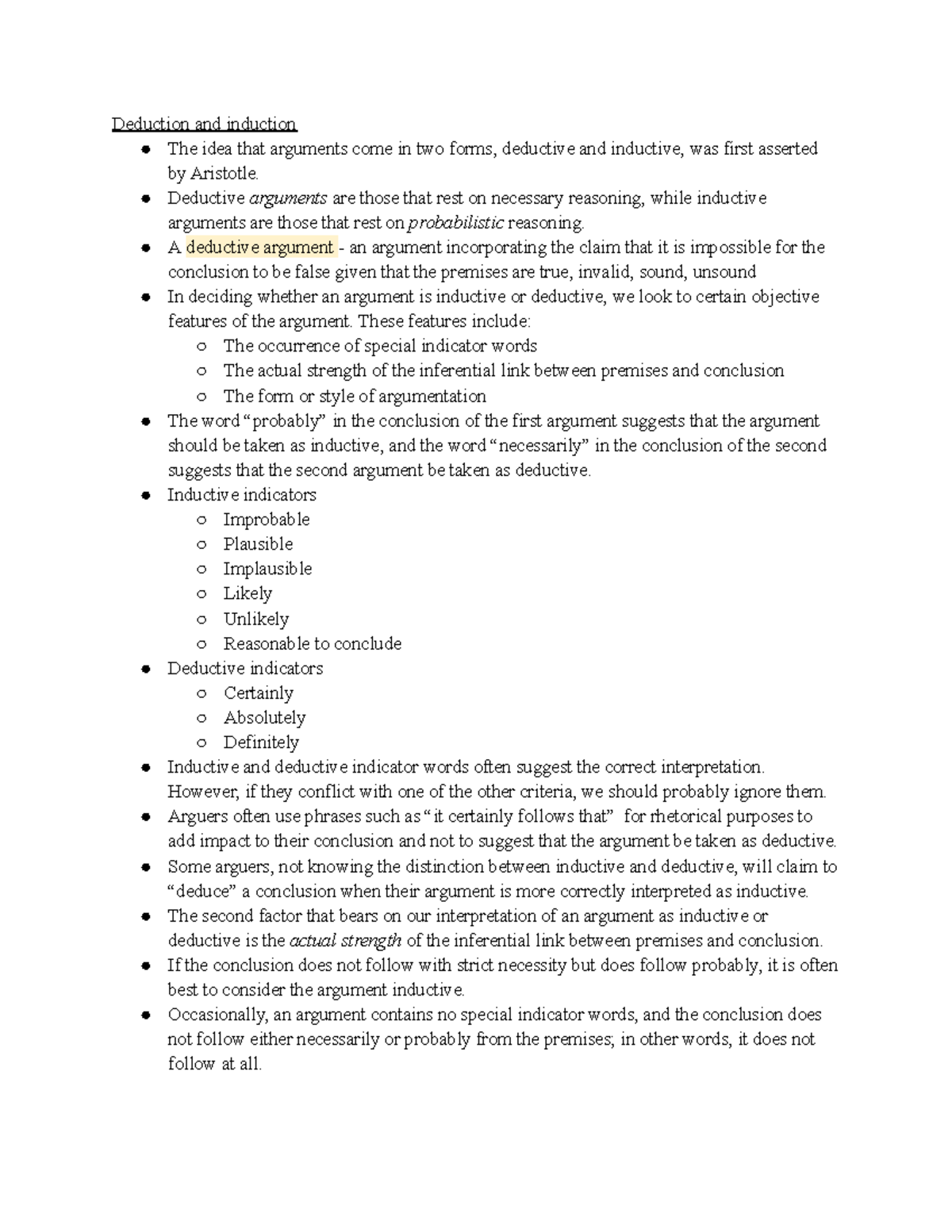 Logic 13 Notes Deduction And Induction The Idea That Arguments Come In Two Forms Deductive