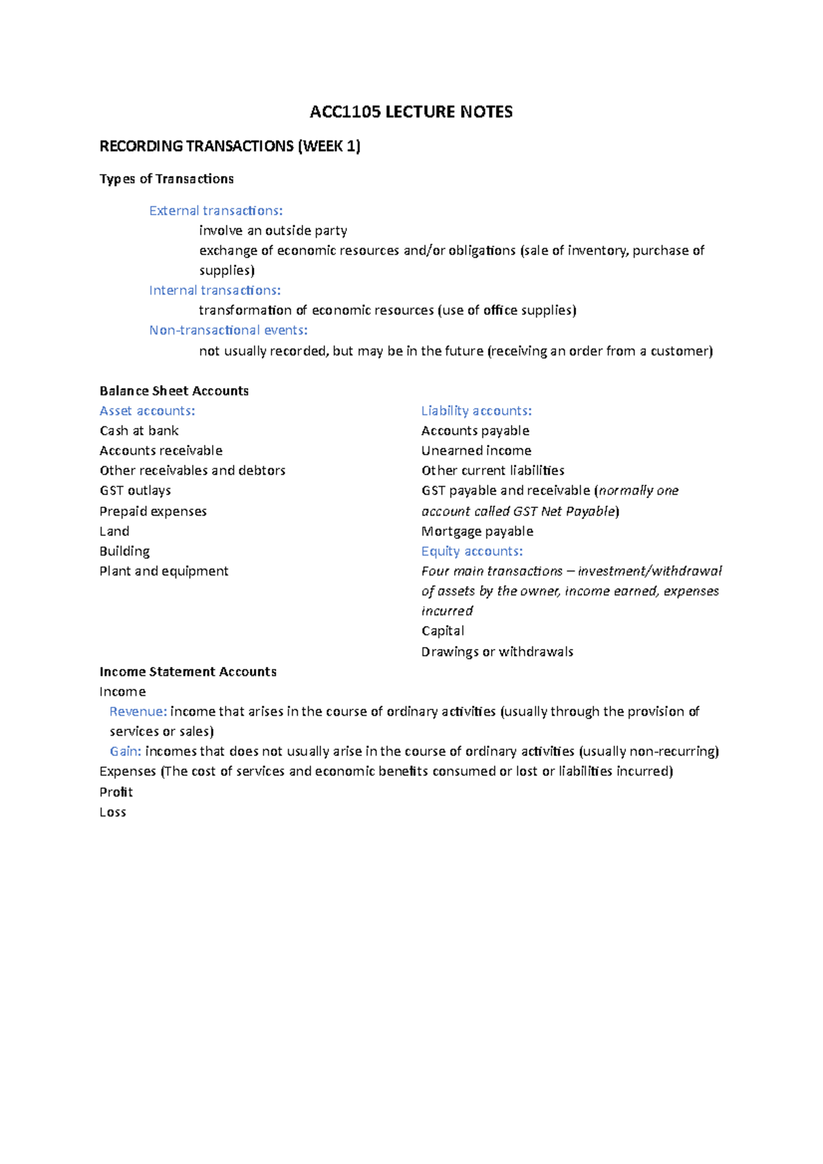 Acc1105 Lecture Notes Acc1105 Lecture Notes Recording Transactions Week 1 Types Of
