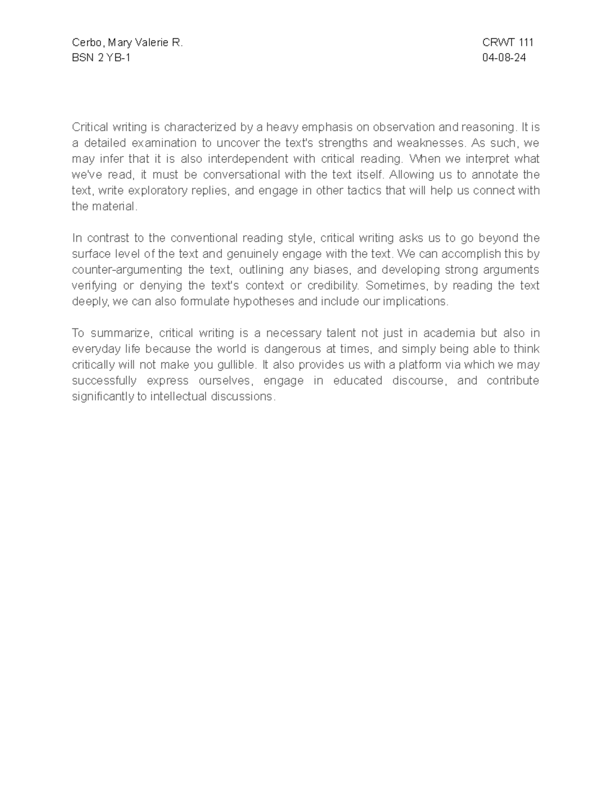 Cerbo- Nature OF Critical Writing - Cerbo, Mary Valerie R. CRWT 111 BSN ...