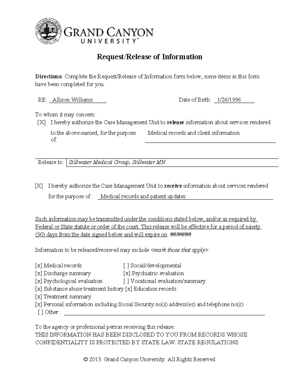 Request Release Form 428 - Request/Release of Information Directions ...