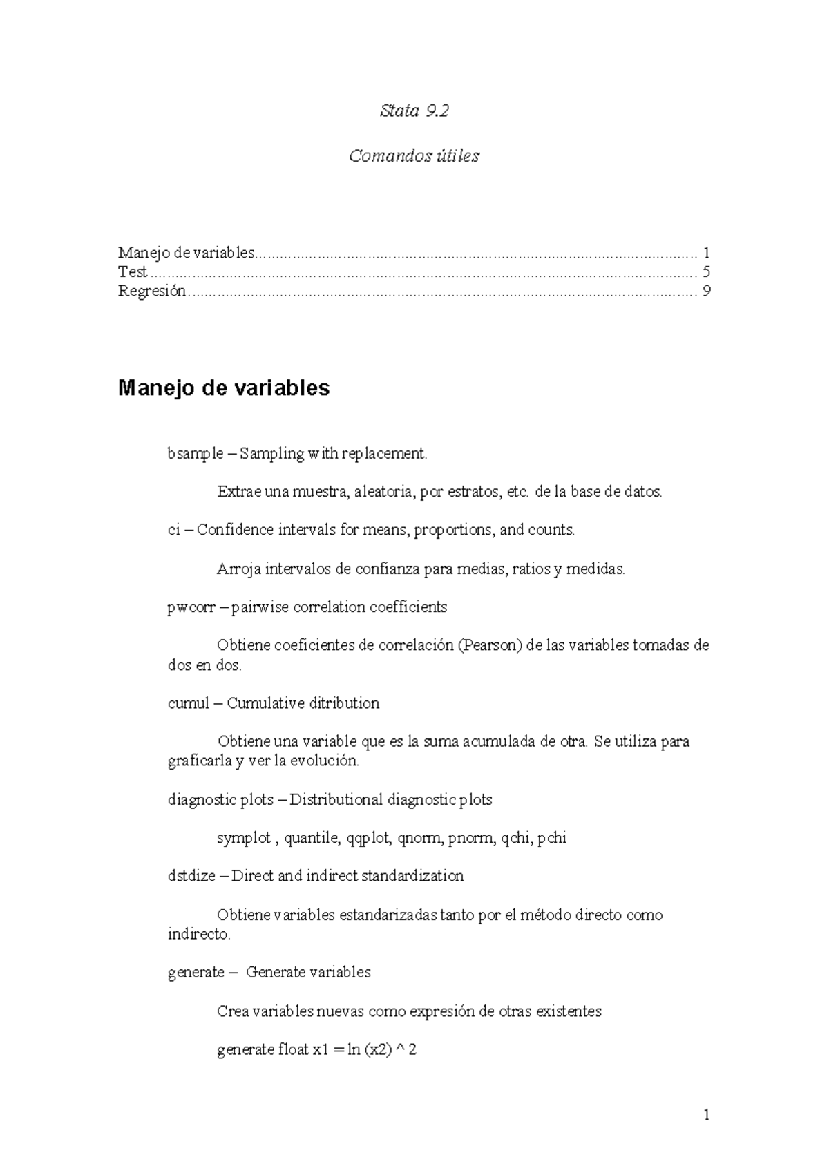 Stata - ... - Stata 9. Comandos útiles Manejo de - Studocu