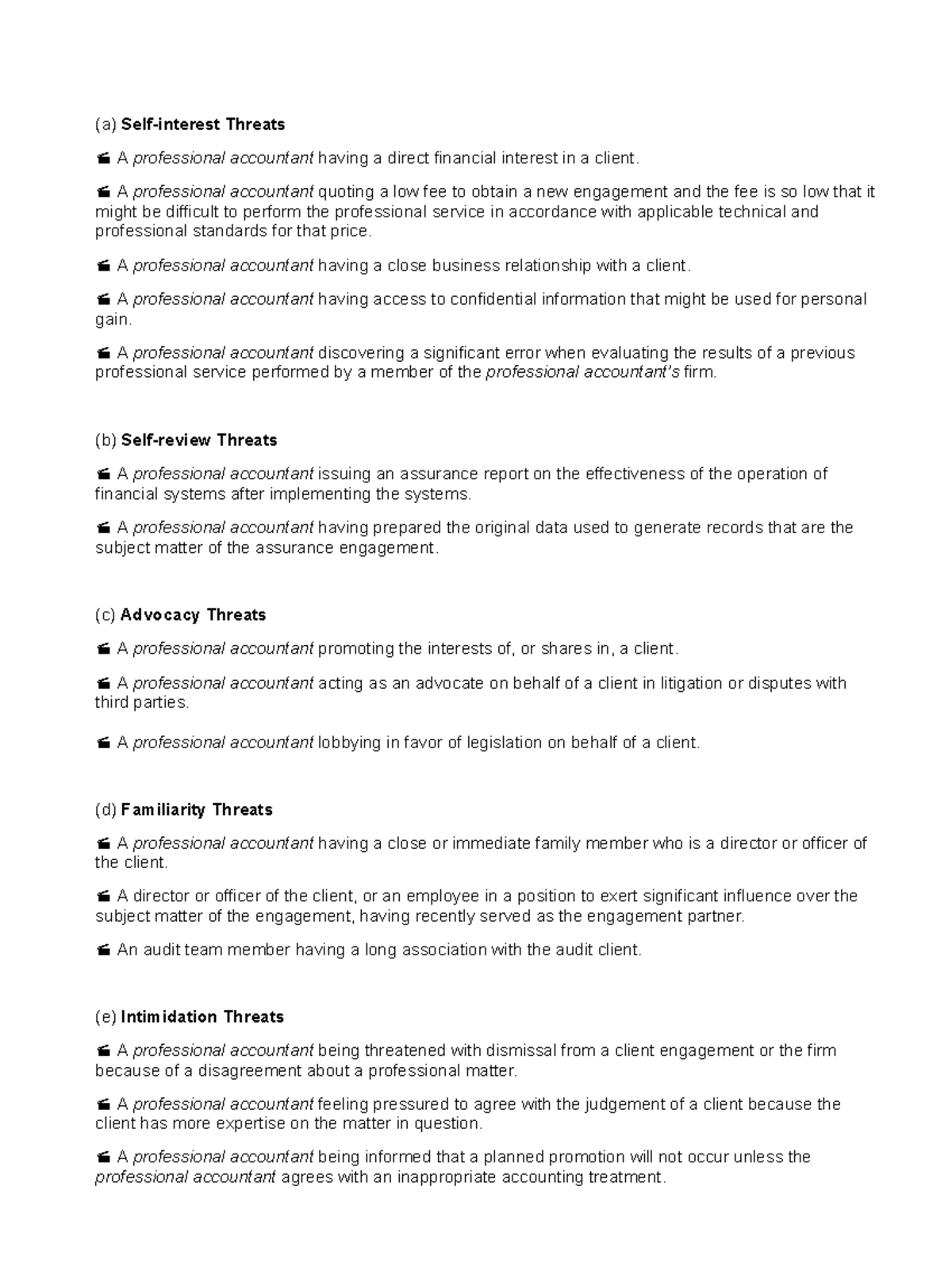 Threats and safeguards summary ISA 315 - (a) Self-interest Threats A ...