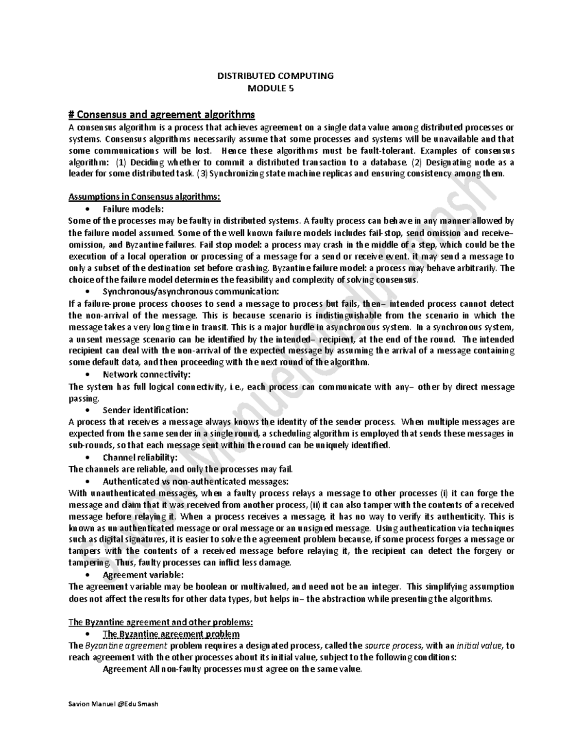 Mod 5 - Aazxx - DISTRIBUTED COMPUTING MODULE 5 # Consensus and agreement algorithms A consensus ...