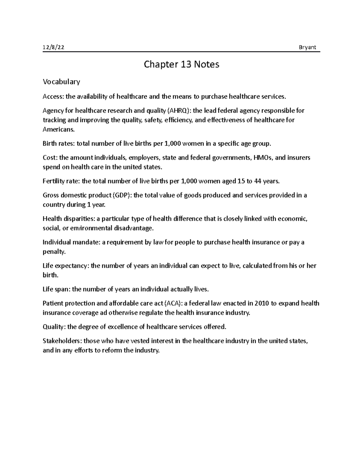 Chapter 13 Notes - Bryant - 12/8/22 Bryant Chapter 13 Notes Vocabulary ...
