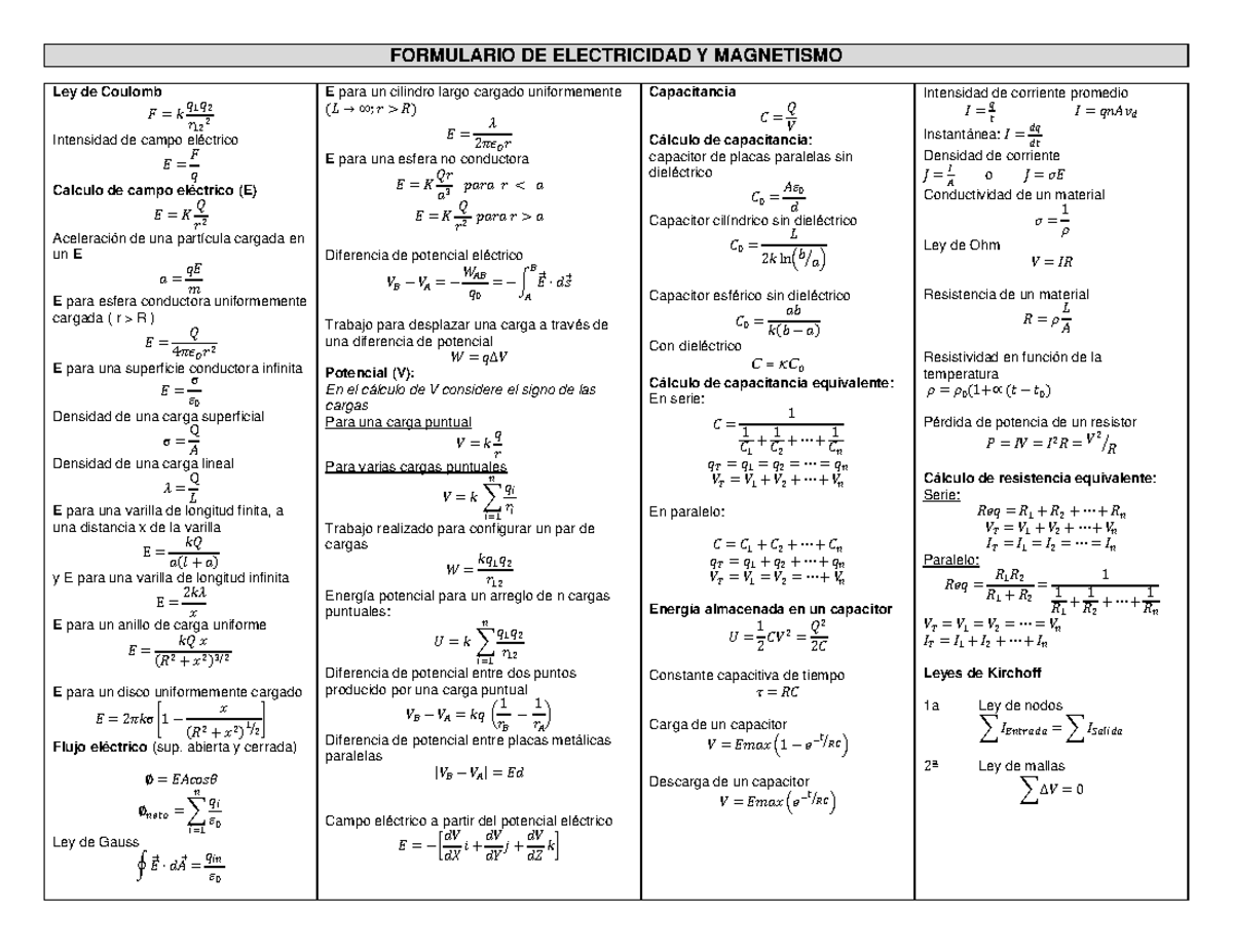 Formulario Ey M - FORMULARIO DE ELECTRICIDAD Y MAGNETISMO Ley de Coulomb 𝐹 = 𝑘 𝑞 1 𝑞 2 𝑟 12 2 ...