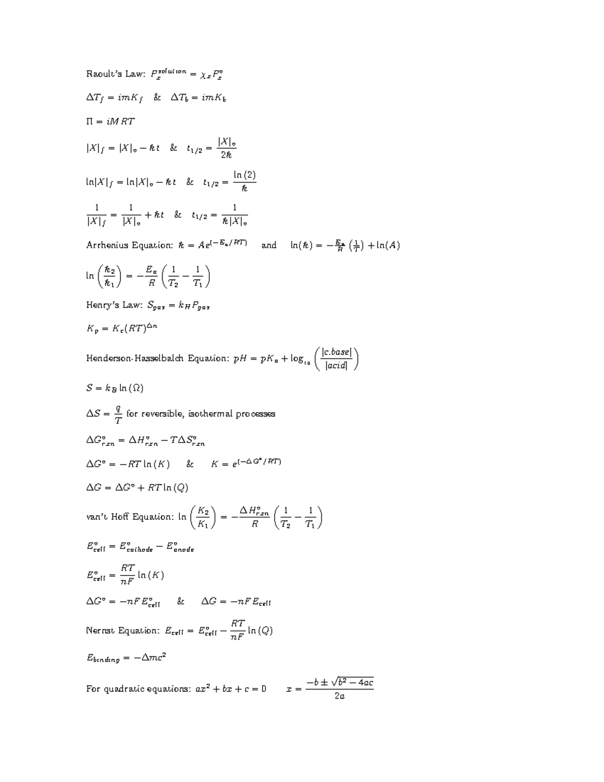 CHEM2 EQ - Equation sheet - Raoult’s Law: P xsolution = χxP x ∆Tf ...