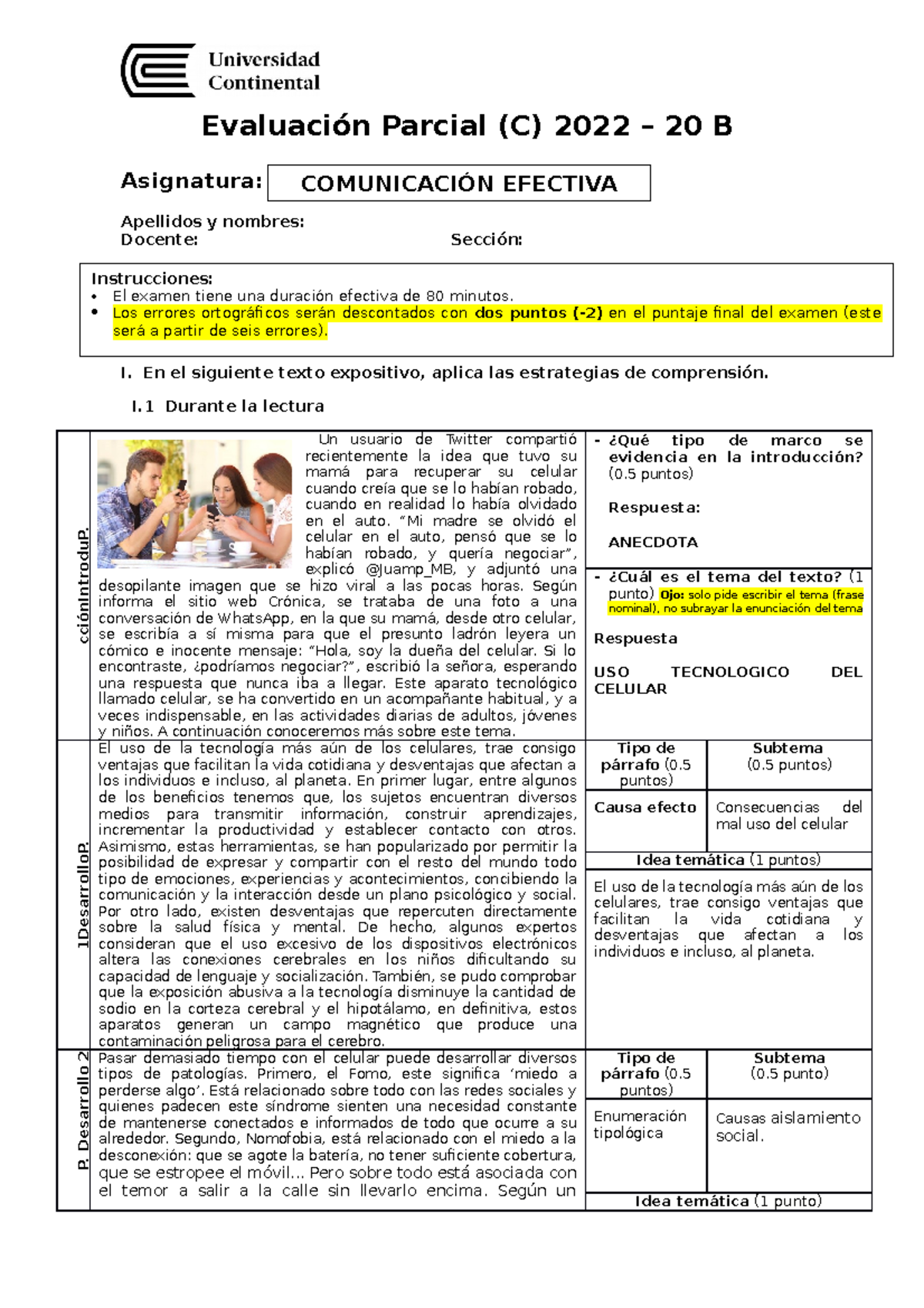 Evaluación Parcial - estudiar - Evaluación Parcial (C) 2022 – 20 B Asignatura: Apellidos y ...