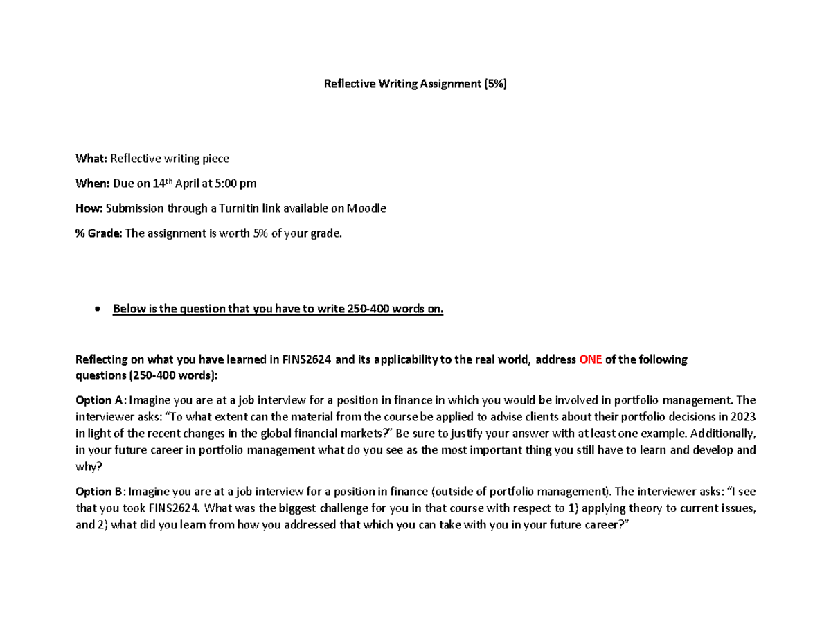 Reflective Writing Assignment Information - Reflective Writing ...