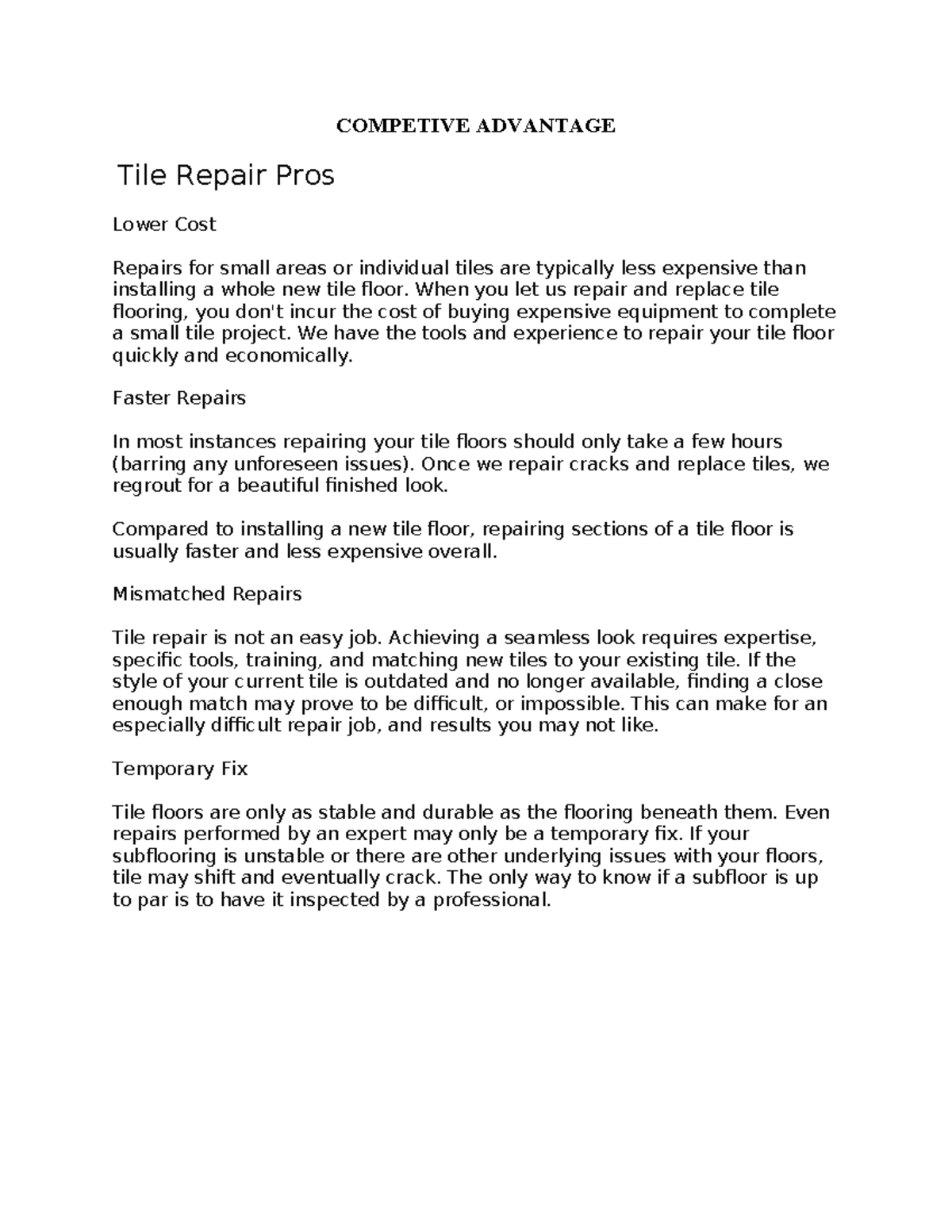 Competive Advantage - COMPETIVE ADVANTAGE Tile Repair Pros Lower Cost ...