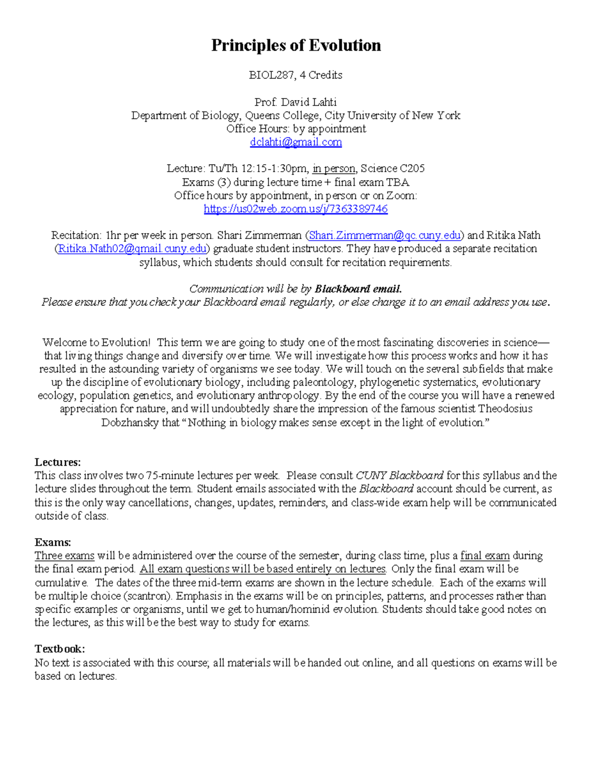 Evolution Syllabus 23(1) - Principles of Evolution BIOL287, 4 Credits ...