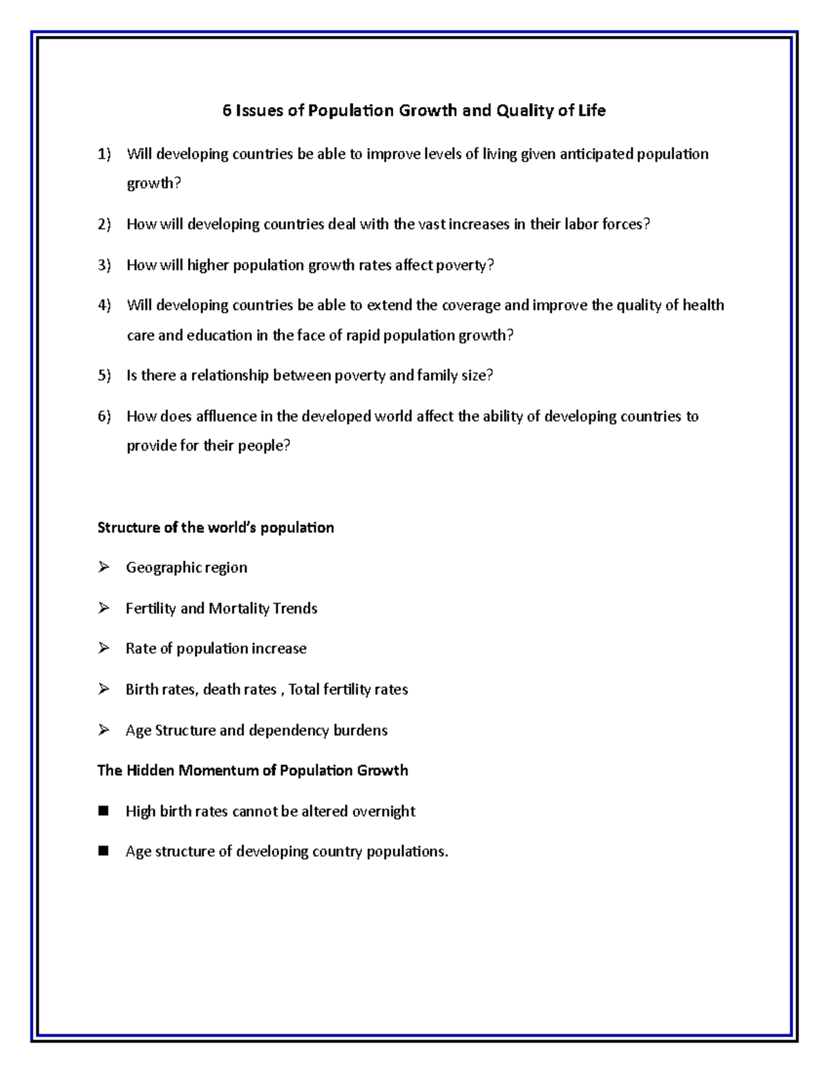 6 Issues of Population Growth and Quality of Life - The Demographic ...