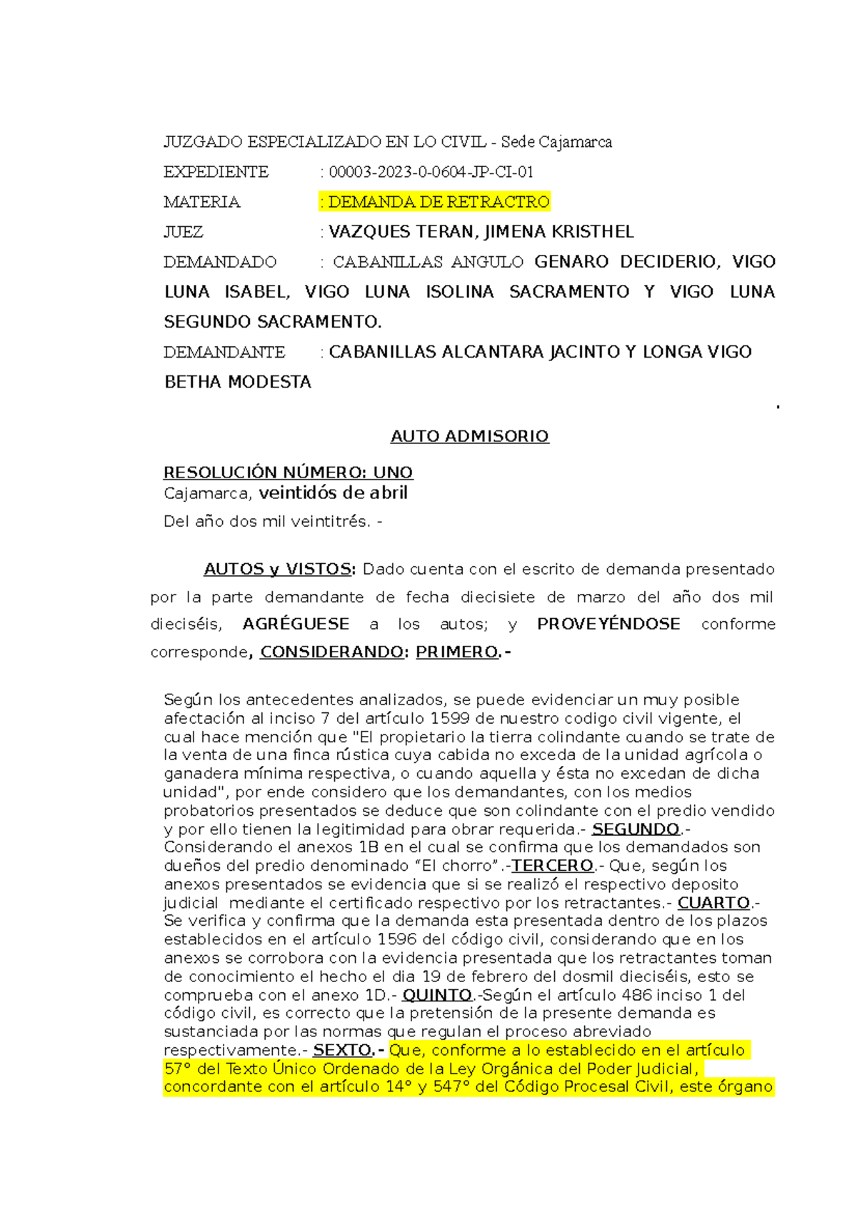 AUTO Admisible Retracto - JUZGADO ESPECIALIZADO EN LO CIVIL - Sede ...
