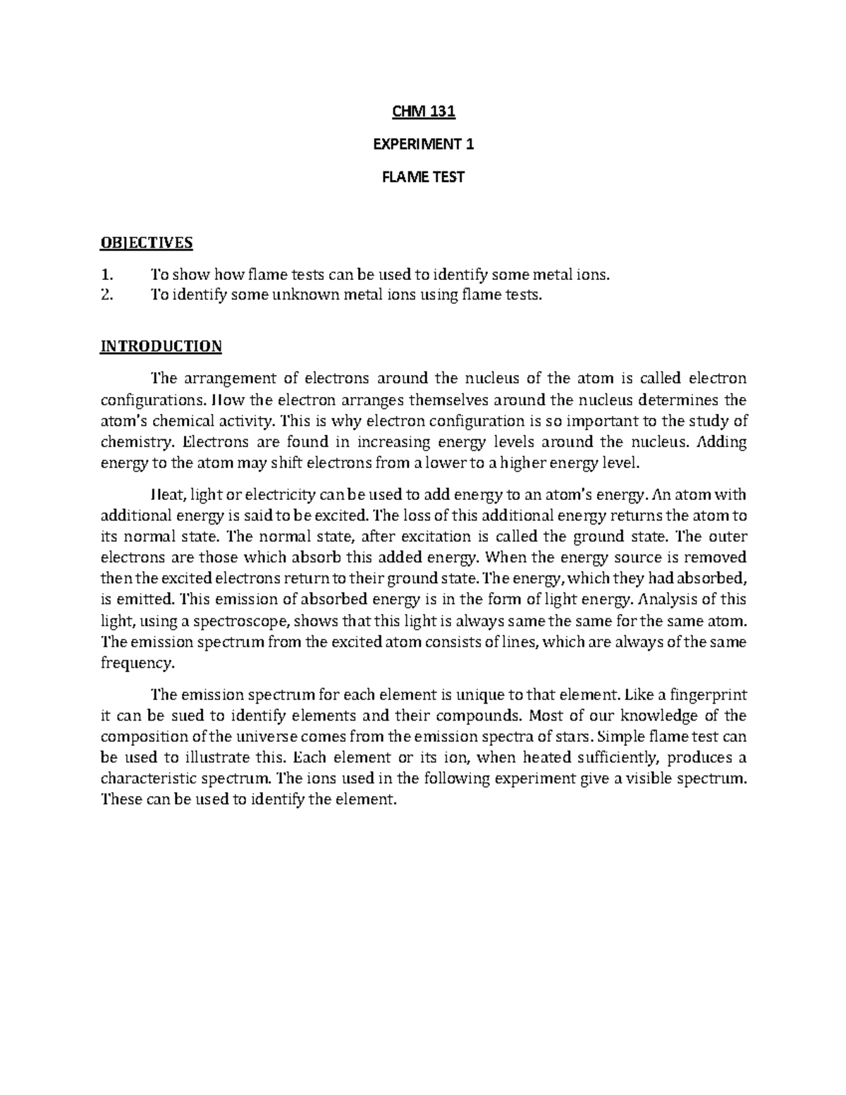 CHM 131 Manual Flame TEST CHM 131 EXPERIMENT 1 FLAME TEST OBJECTIVES