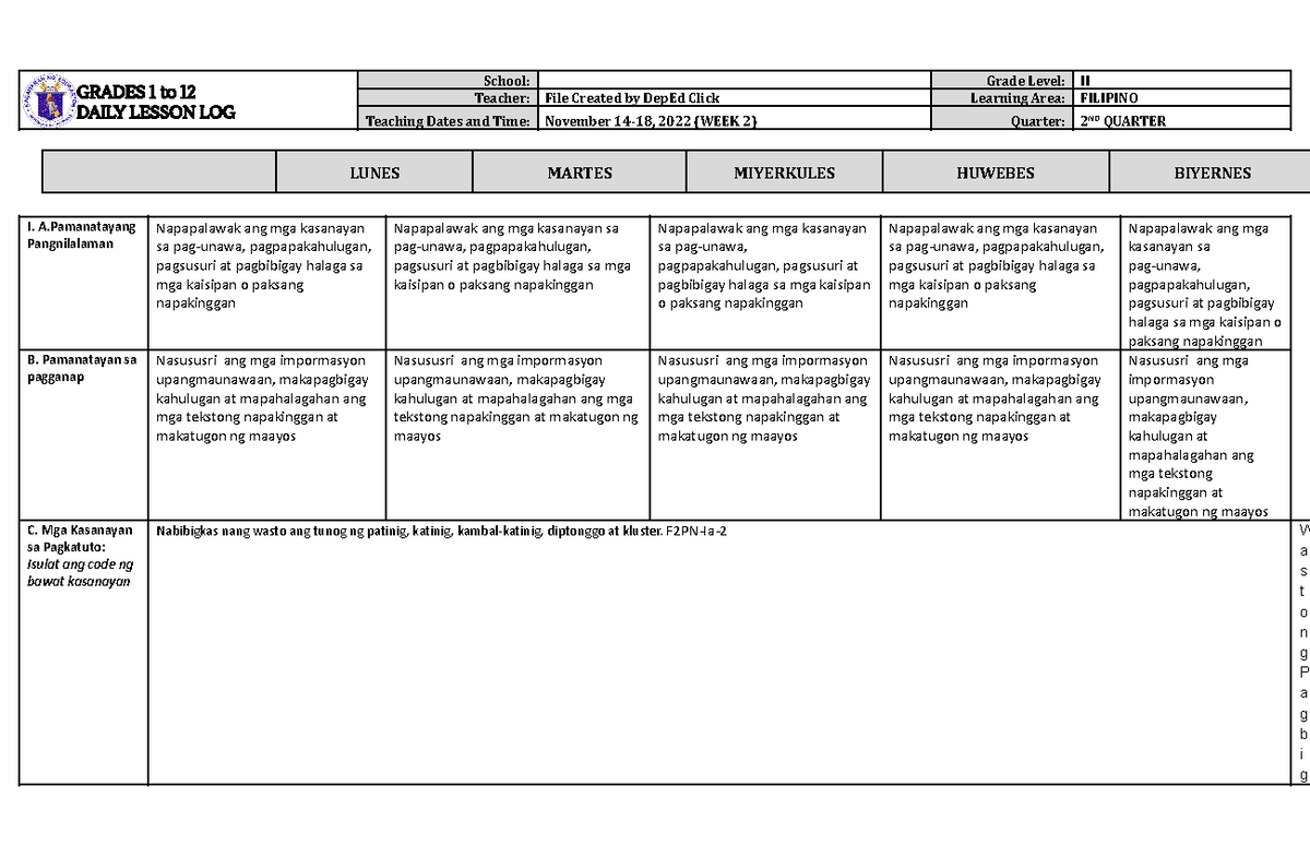 DLL Filipino 2 Q2 W2 - DSAFR - GRADES 1 to 12 DAILY LESSON LOG School ...