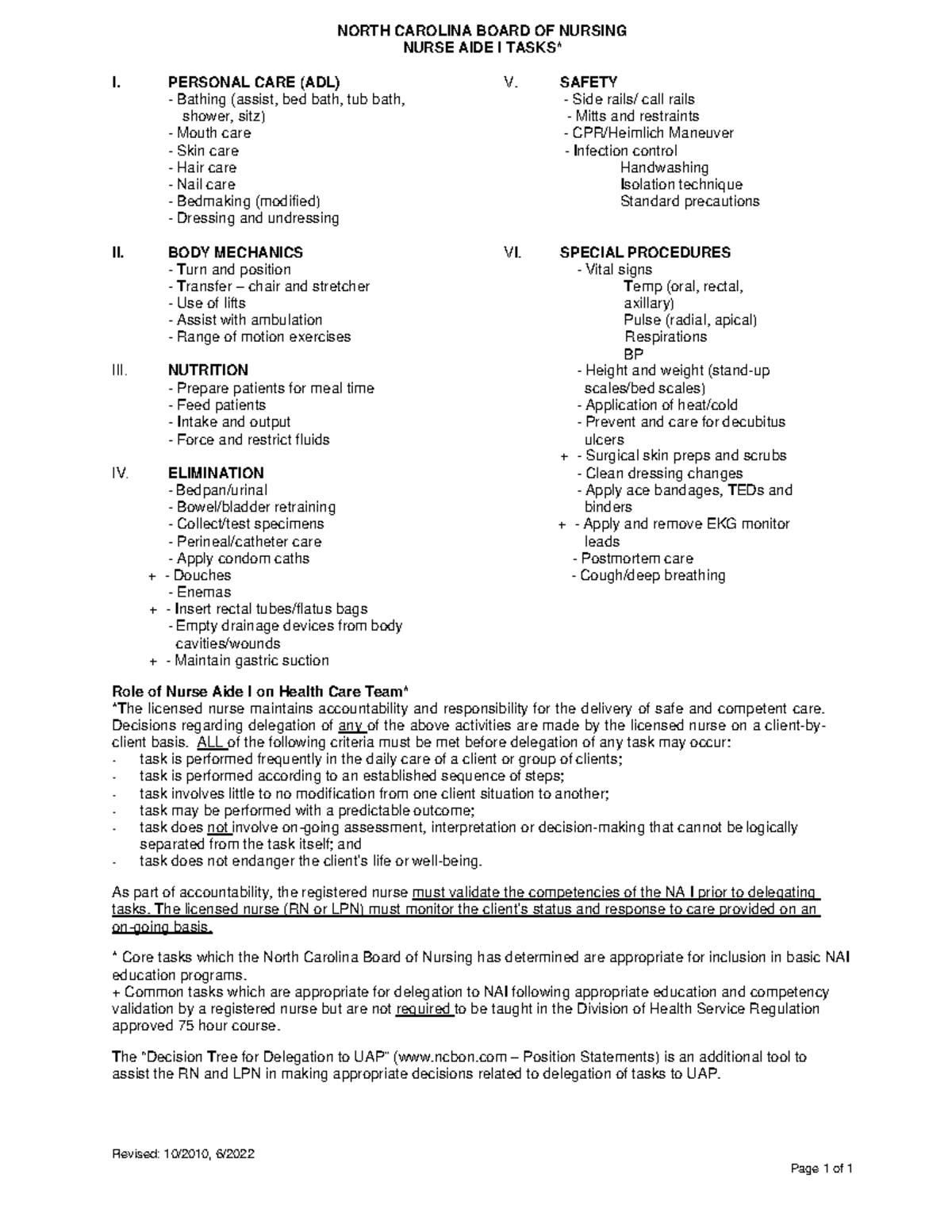Nurse aide Tasks - NORTH CAROLINA BOARD OF NURSING NURSE AIDE I TASKS ...