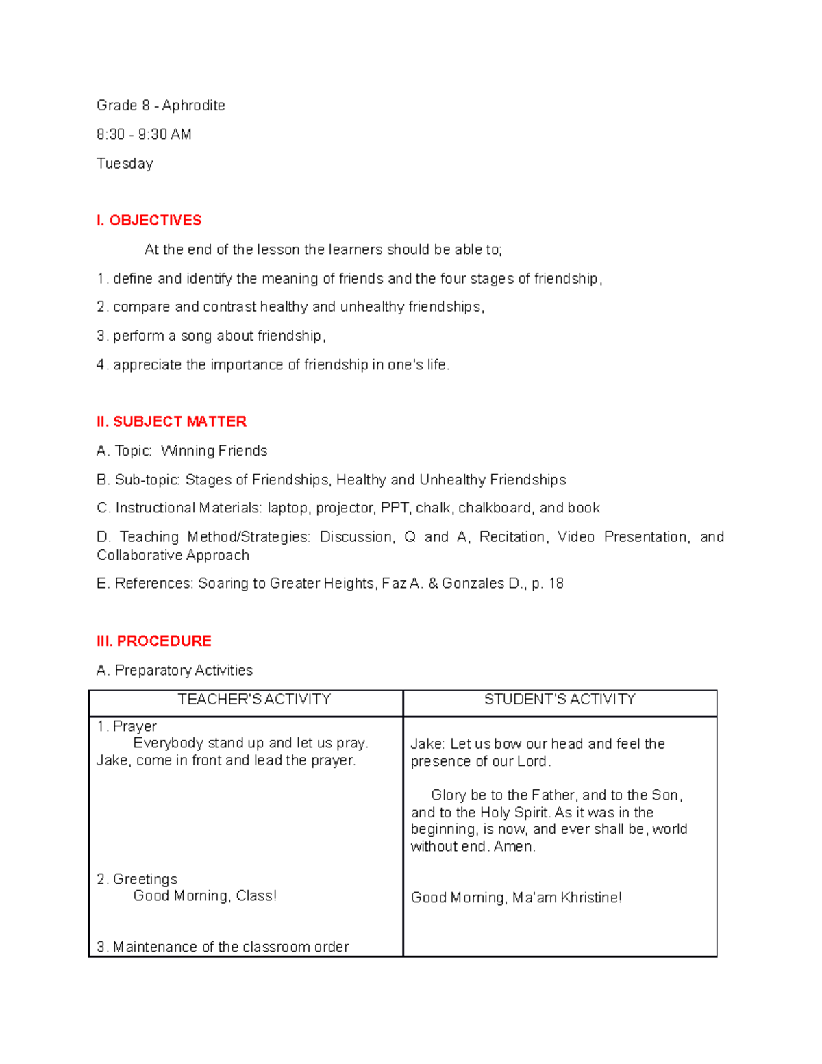 Grade 8 (10) - Lesson Plan - Grade 8 - Aphrodite 8:30 - 9:30 AM Tuesday ...