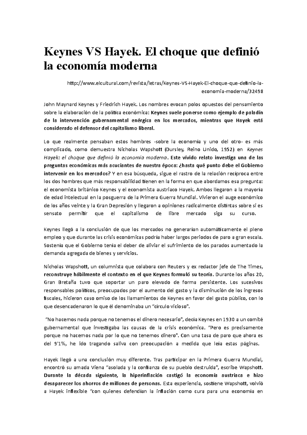 Keynes VS Hayek - El choque que definió la economía moderna - Studocu