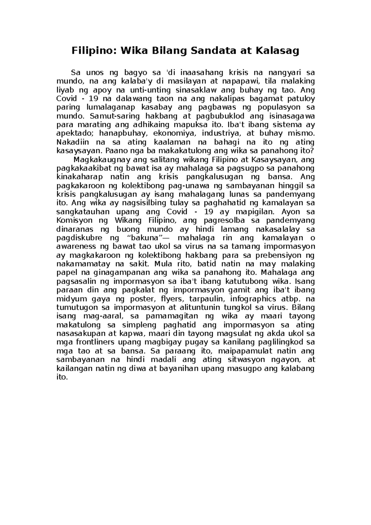 Kahalagahan ng Wika sa Gitna ng Pandemya - Filipino: Wika Bilang ...
