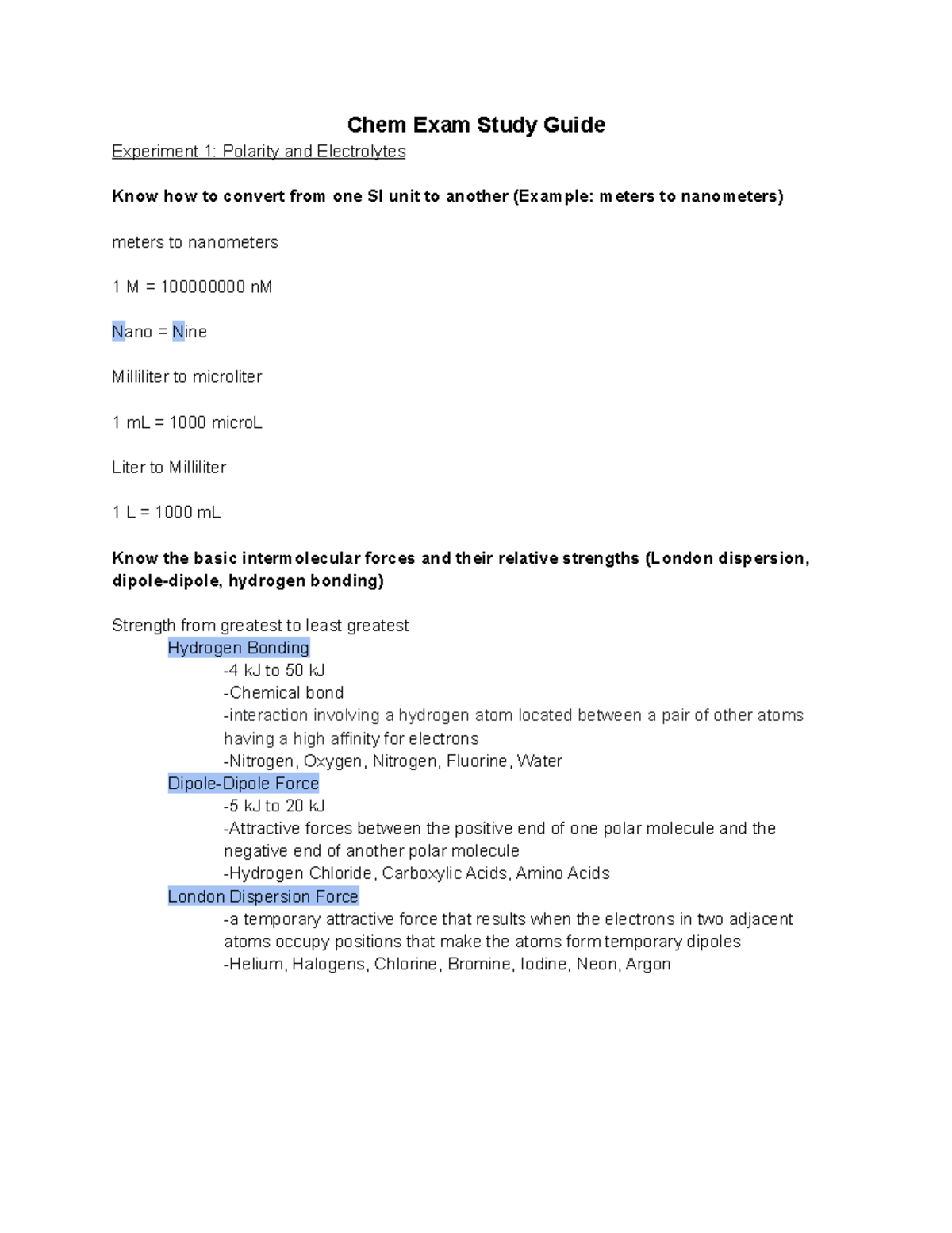 Chem Exam Study Guide - Lab TA: Ryan Britt - Chem Exam Study Guide ...