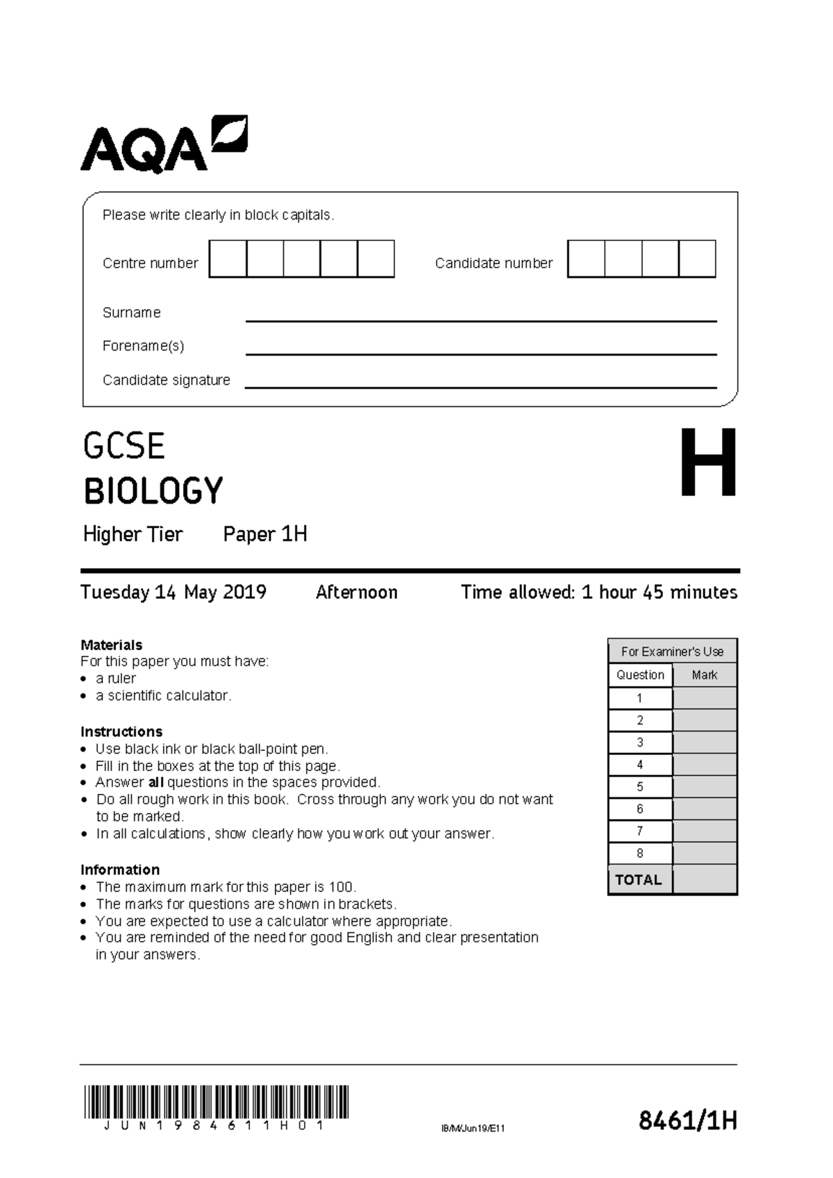 June 2019 Biology paper 1 - JUN1984611H01 IB/M/Jun19/E11 8461/1H For ...