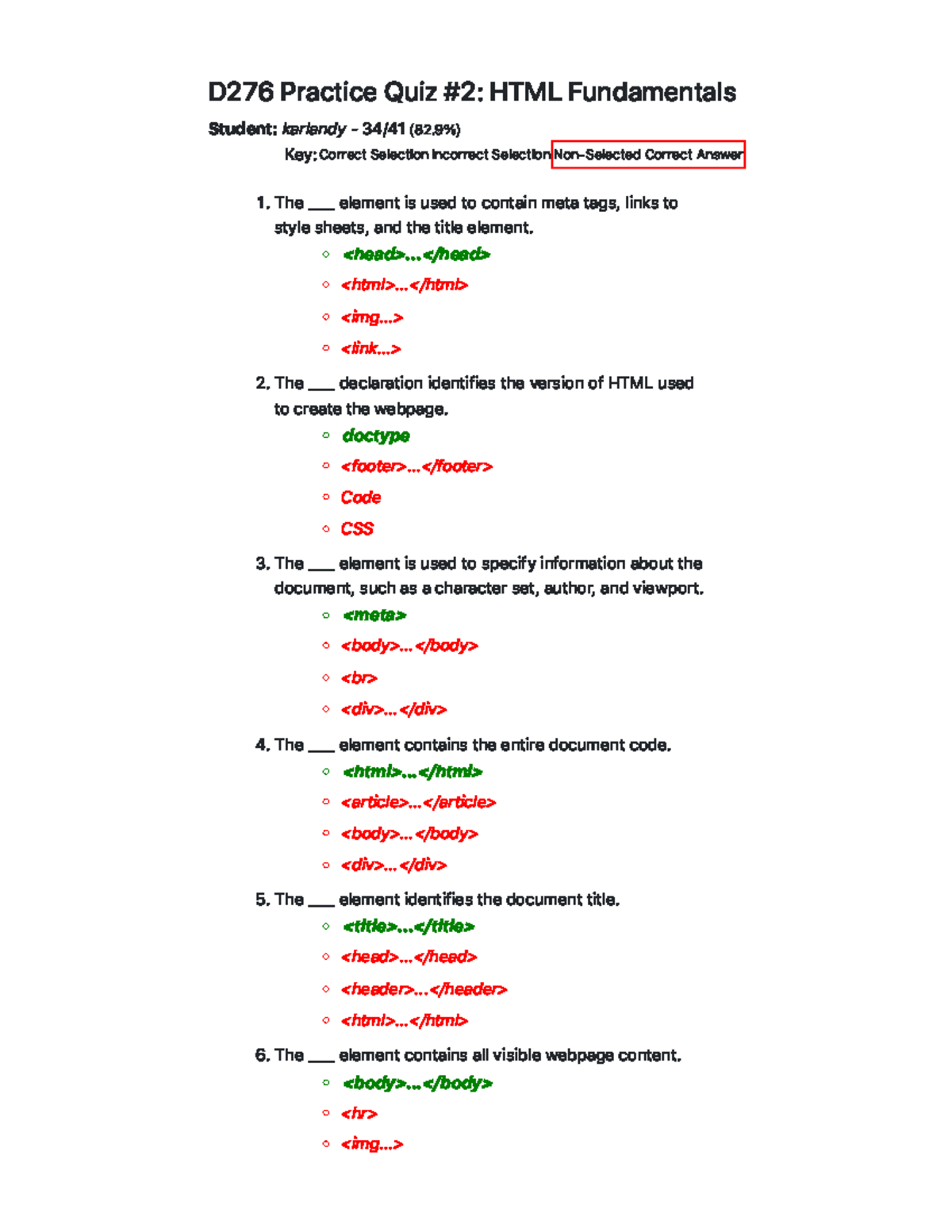 D276 Practice Quiz #2 - Quiz - Key: Correct Selection Incorrect ...