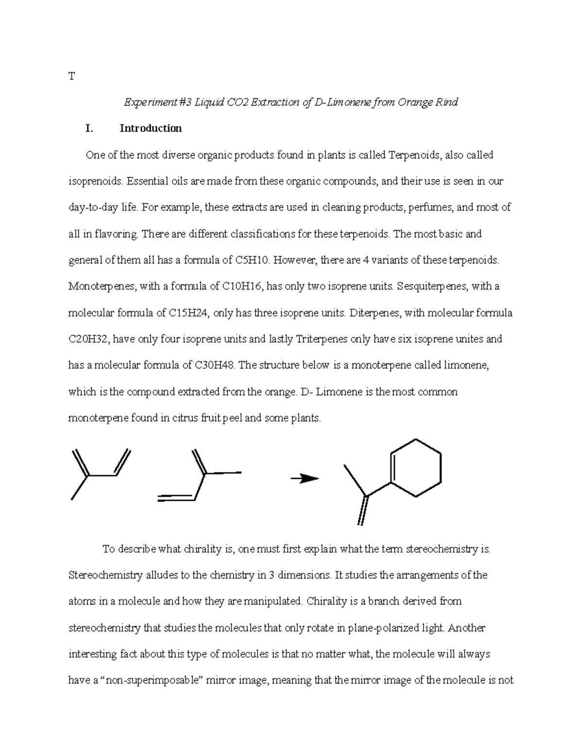 Post Lab #3 - T Experiment #3 Liquid CO2 Extraction of D-Limonene from ...