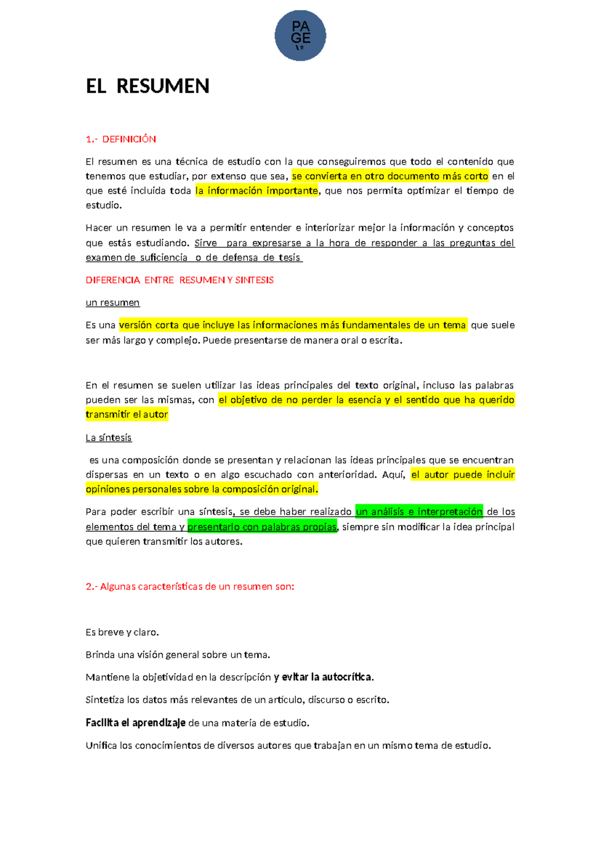 4 el resumen - GE * EL RESUMEN 1.- DEFINICIÓN El resumen es una técnica ...