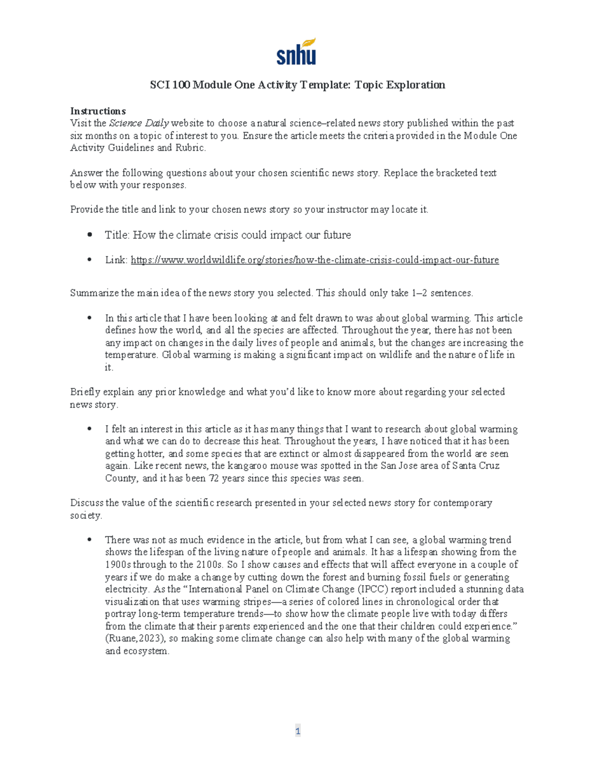 SCI 100 Module One Activity Template - Ensure the article meets the ...