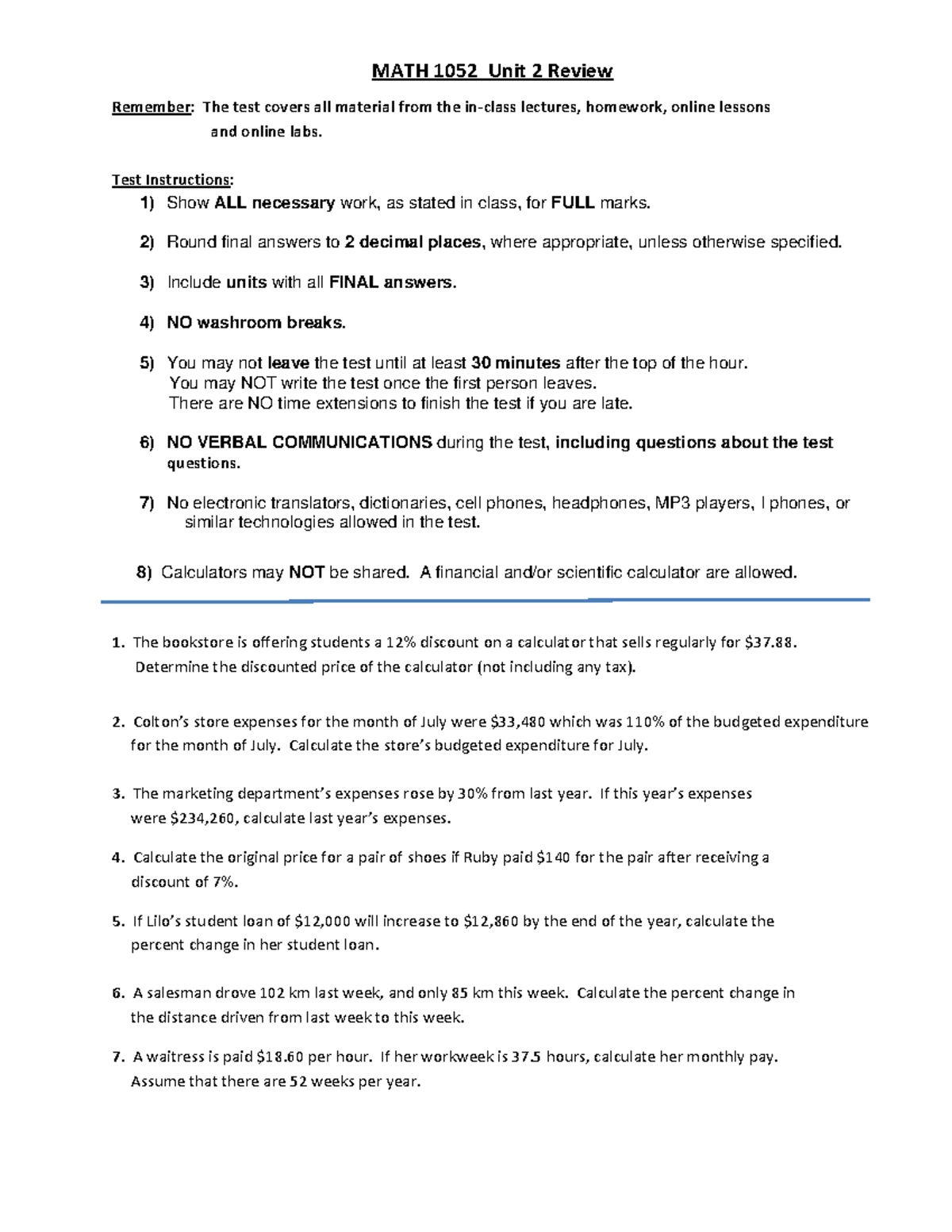 Math 1052 Unit 2 Review - MATH 1052 Unit 2 Review Remember: The test ...
