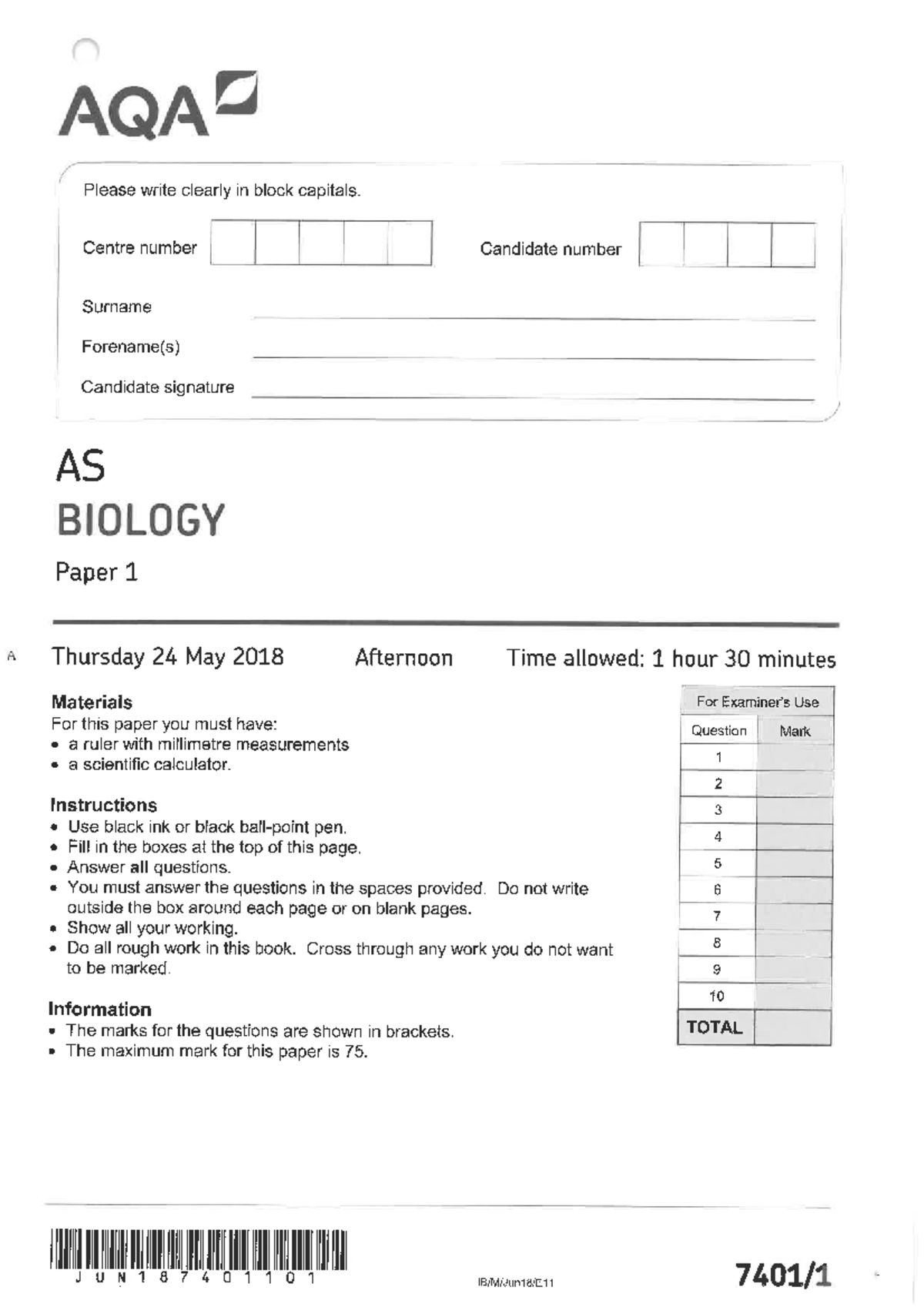 2018 AS P1 - Work - BIO3079 - Studocu