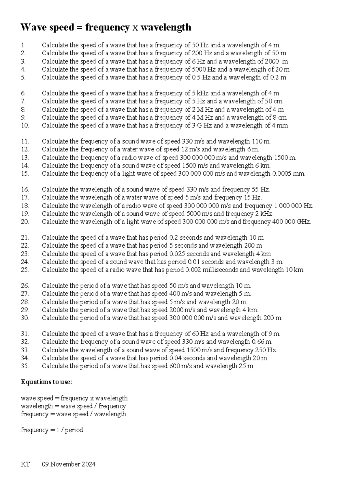 2. Waves equation - Practise questions - Wave speed = frequency x ...