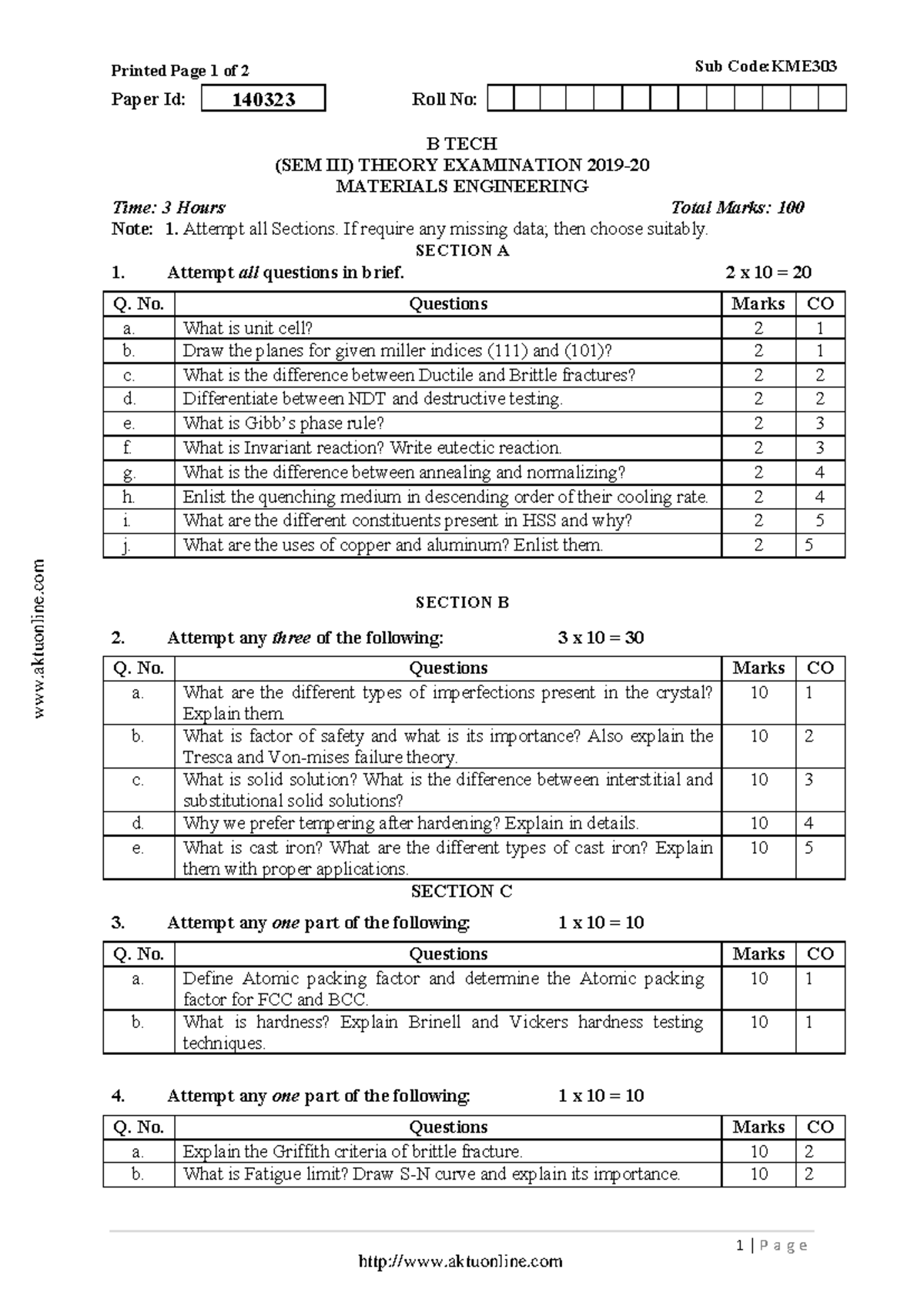 Btech me 3 sem materials engineering kme303 2020 - Printed Page 1 of 2 Sub Code:KME Paper Id ...