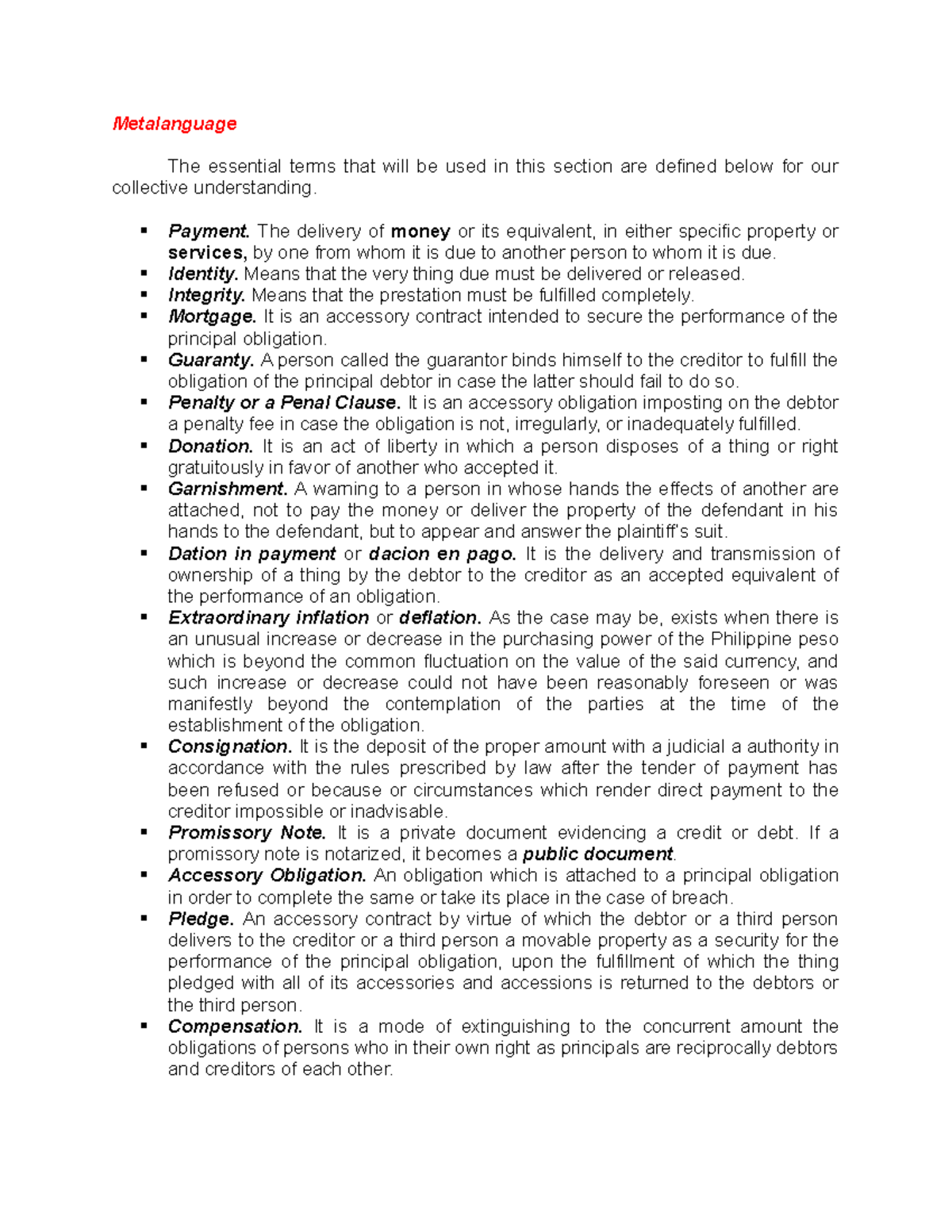 Extinguishment of Obligations 0 - Metalanguage The essential terms that ...