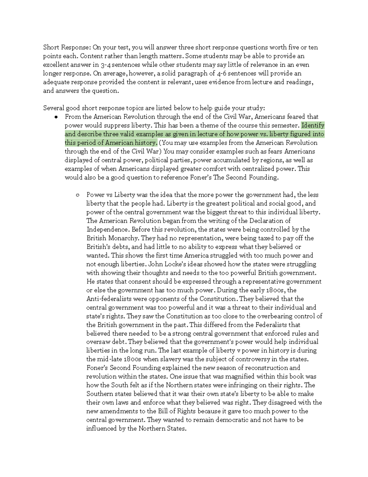 Short Response HIST Final - Short Response: On your test, you will ...