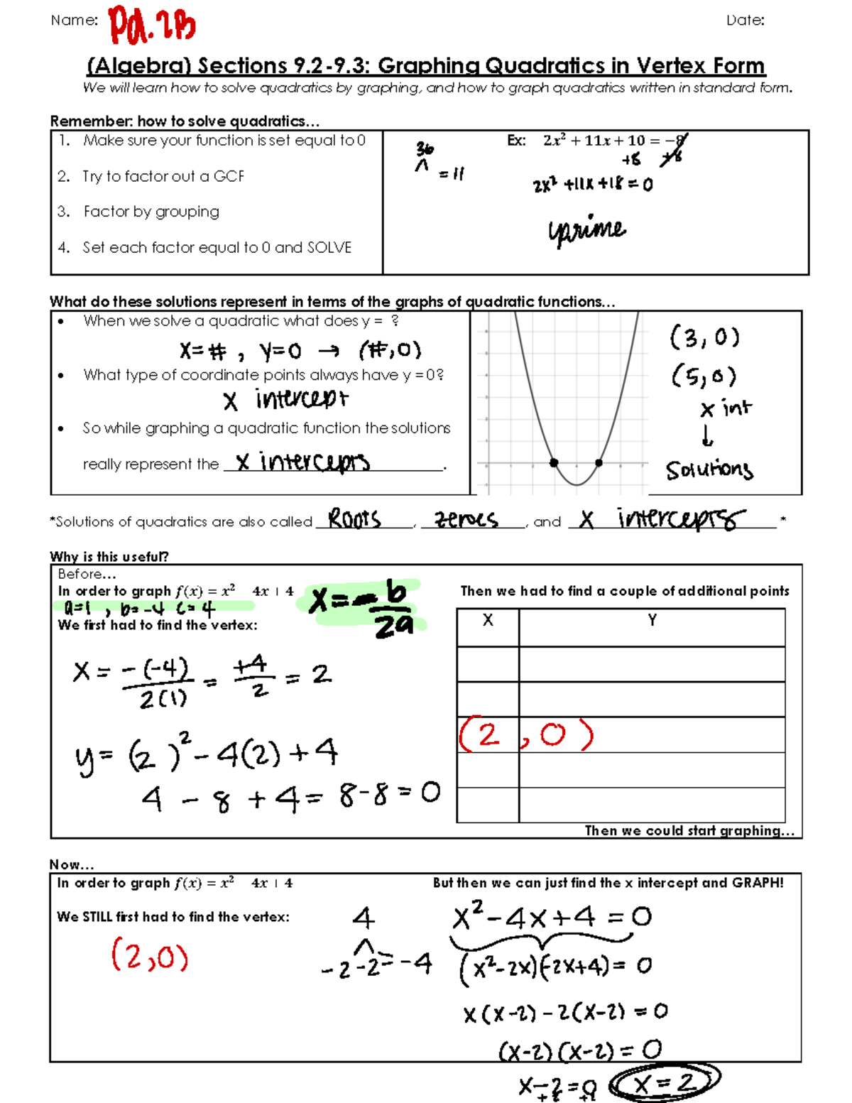 Section 9 - notes - Name: Date: (Algebra) Sections 9. 2 - 9: Graphing ...