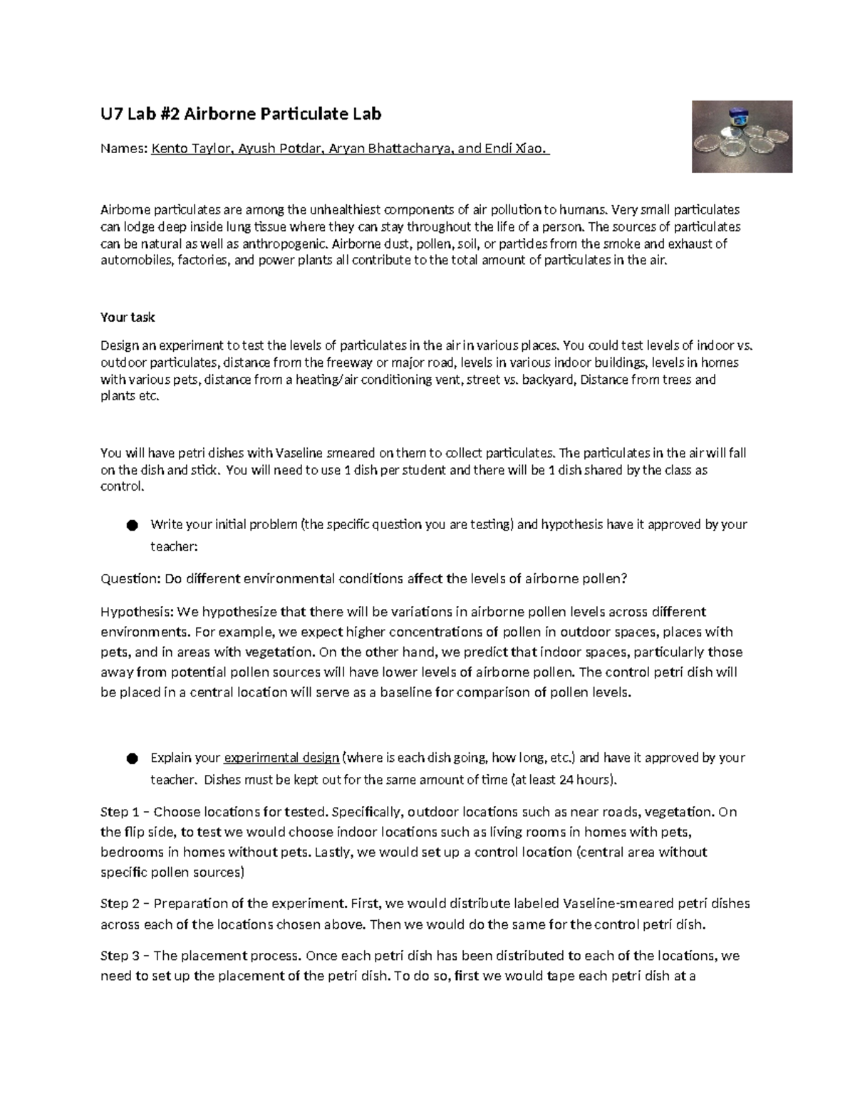 U7 Lab 2 - asadsdas - U7 Lab #2 Airborne Particulate Lab Names: Kento ...