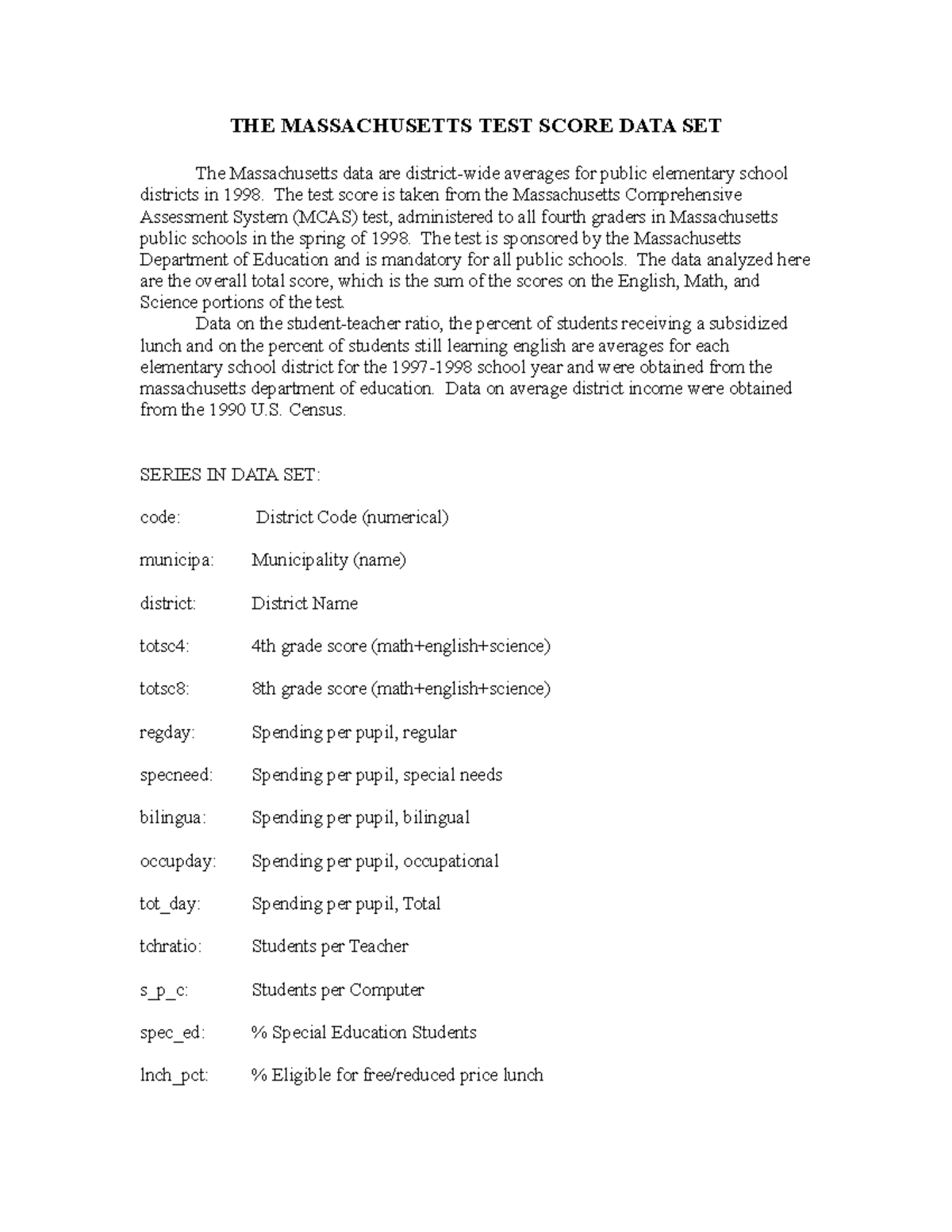 Mcas - dataset molto utile - THE MASSACHUSETTS TEST SCORE DATA SET The ...