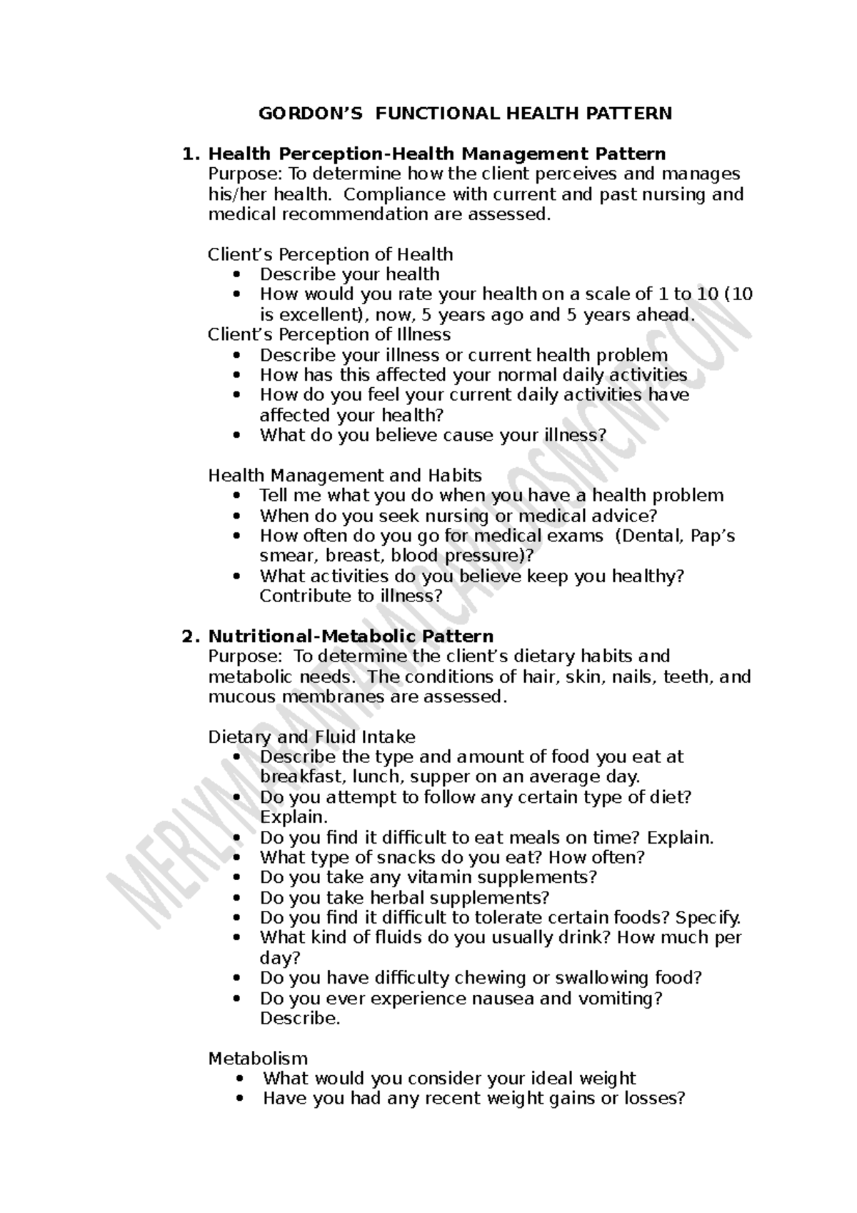 Gordons Halth Pattern - GORDON’S FUNCTIONAL HEALTH PATTERN Health ...