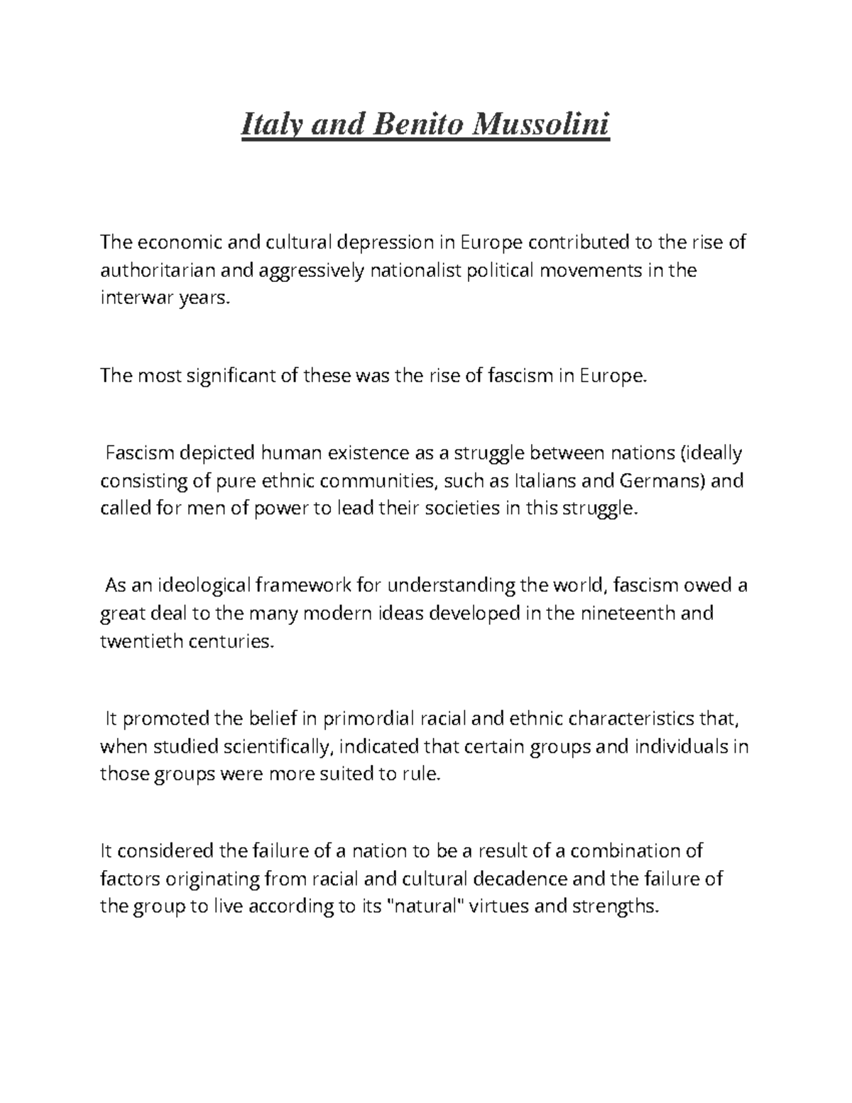 Italy and Benito Mussolini 1 - Italy and Benito Mussolini The economic ...