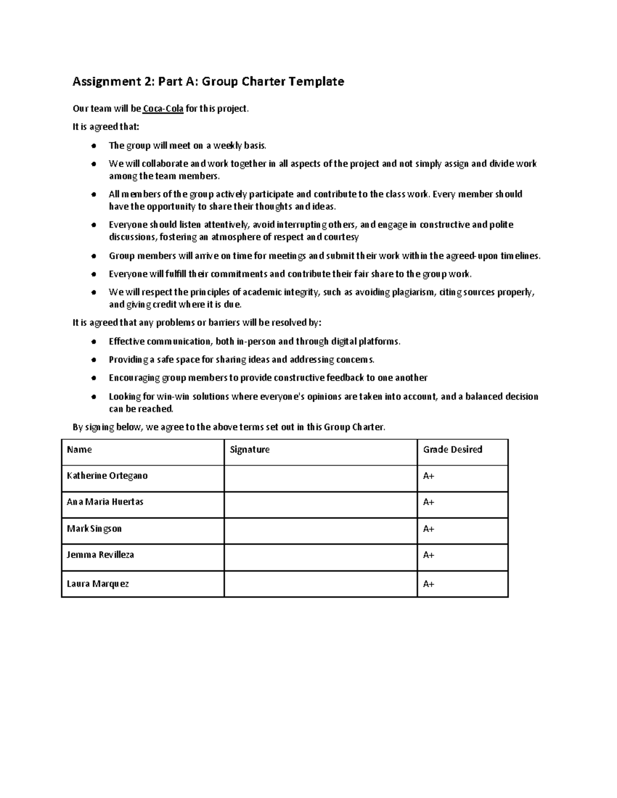 Assignment 2 Group Charter - Assignment 2: Part A: Group Charter ...