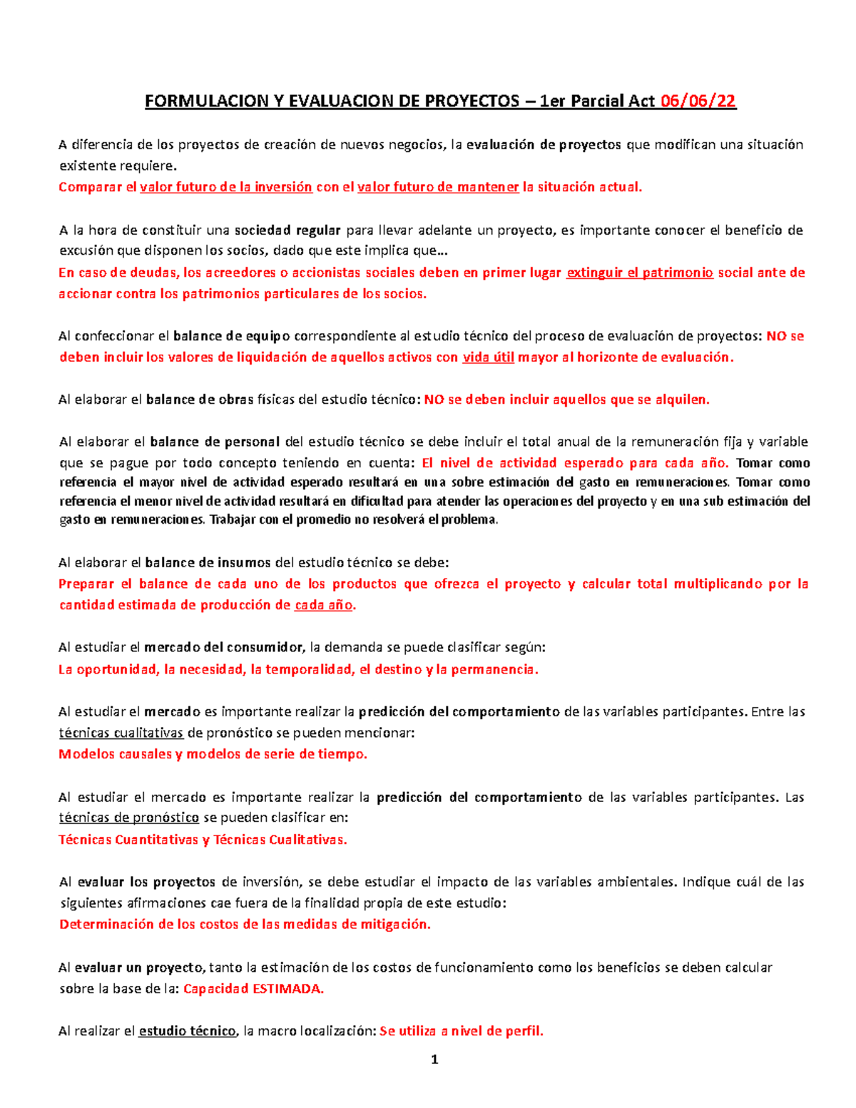 1° Parcial - FORMULACION Y EVALUACION DE PROYECTOS – 1er Parcial Act 06/06/ A diferencia de los ...