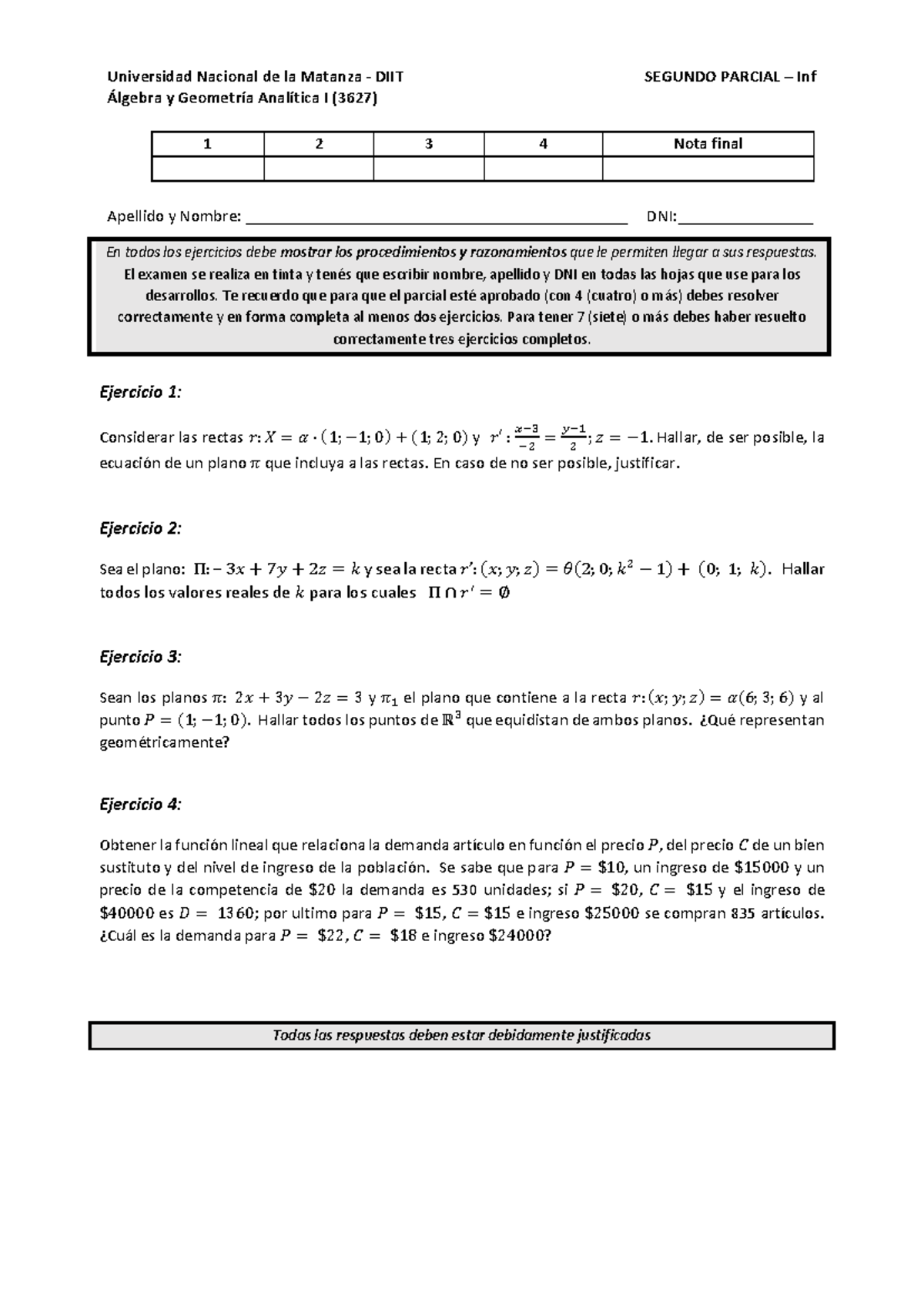 Segundo parcial algebra y geometria analitica - Universidad Nacional de la Matanza - DIIT ...