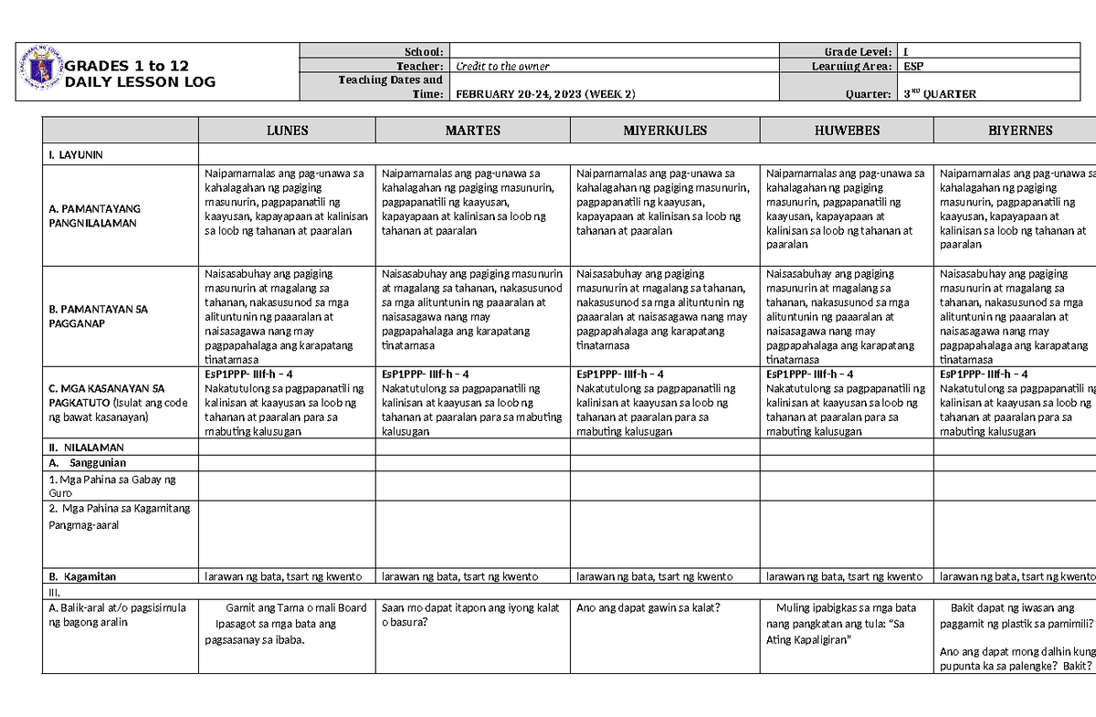 DLL ESP 1 Q3 W2 - lesson plan - GRADES 1 to 12 DAILY LESSON LOG School: Grade Level: I Teacher ...