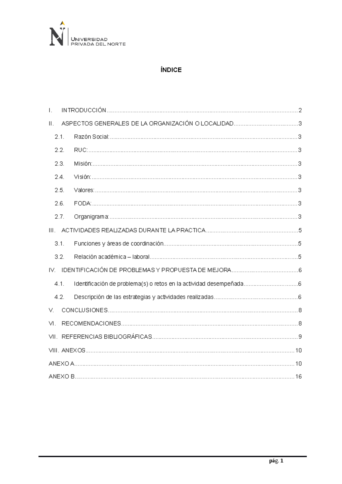Informe Enviar - DESCRIPCION - ÍNDICE I. - Studocu