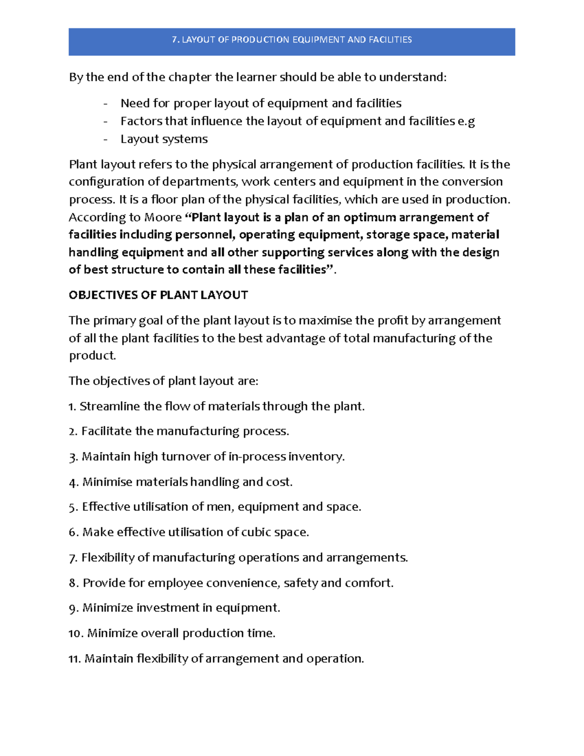 7. Layout OF Production Equipment AND Facilities - By the end of the ...