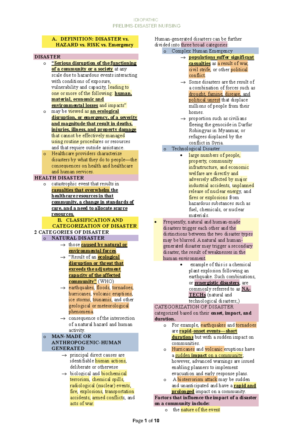 Prelim, Disaster Nursing - PRELIMS-DISASTER NURSING A. DEFINITION ...